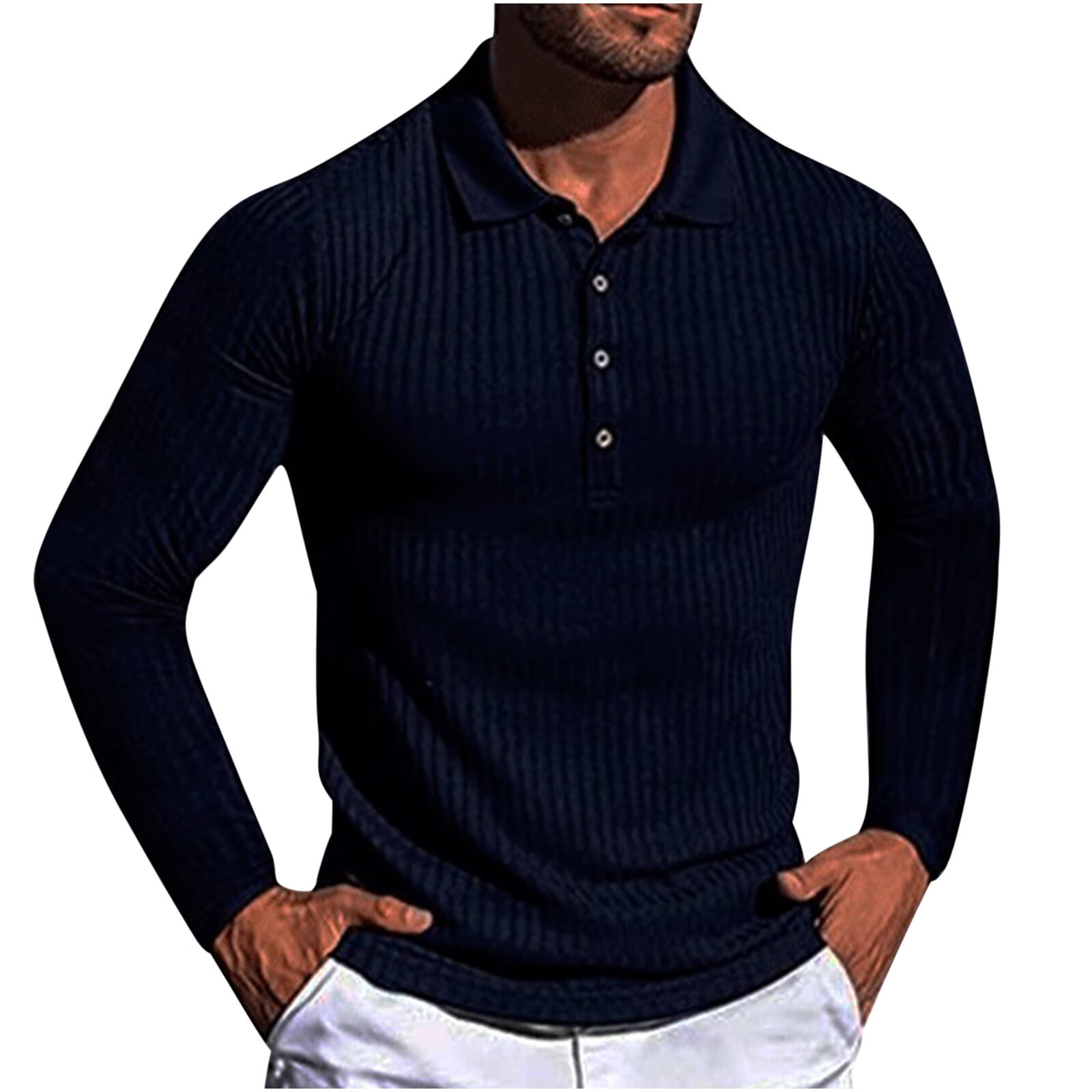 Aofany Men's Knit Shirts Lapel Long Sleeve Shirt Fashion Button Solid ...