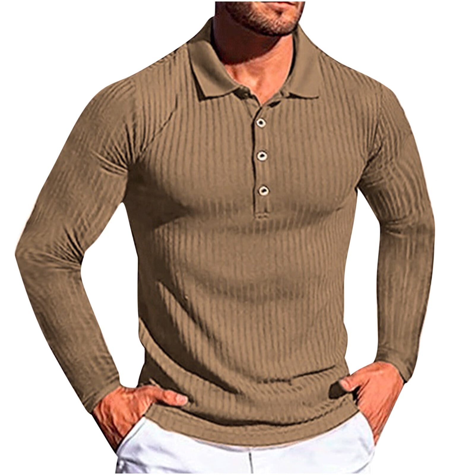 Aofany Men's Knit Shirts Lapel Long Sleeve Shirt Fashion Button Solid ...