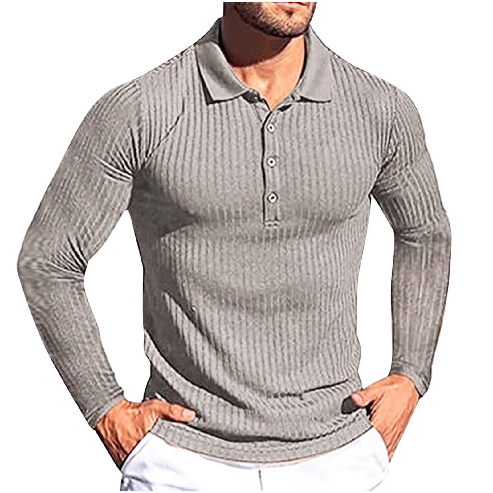 Aofany Men's Knit Shirts Lapel Long Sleeve Shirt Fashion Button Solid ...