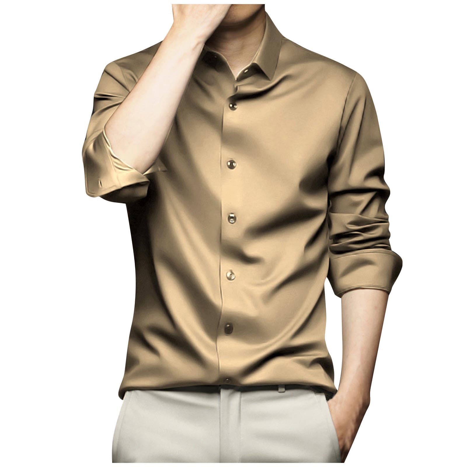 Aofany Men's Luxury Satin Dress Shirt Shiny Silk Long Sleeve Button ...