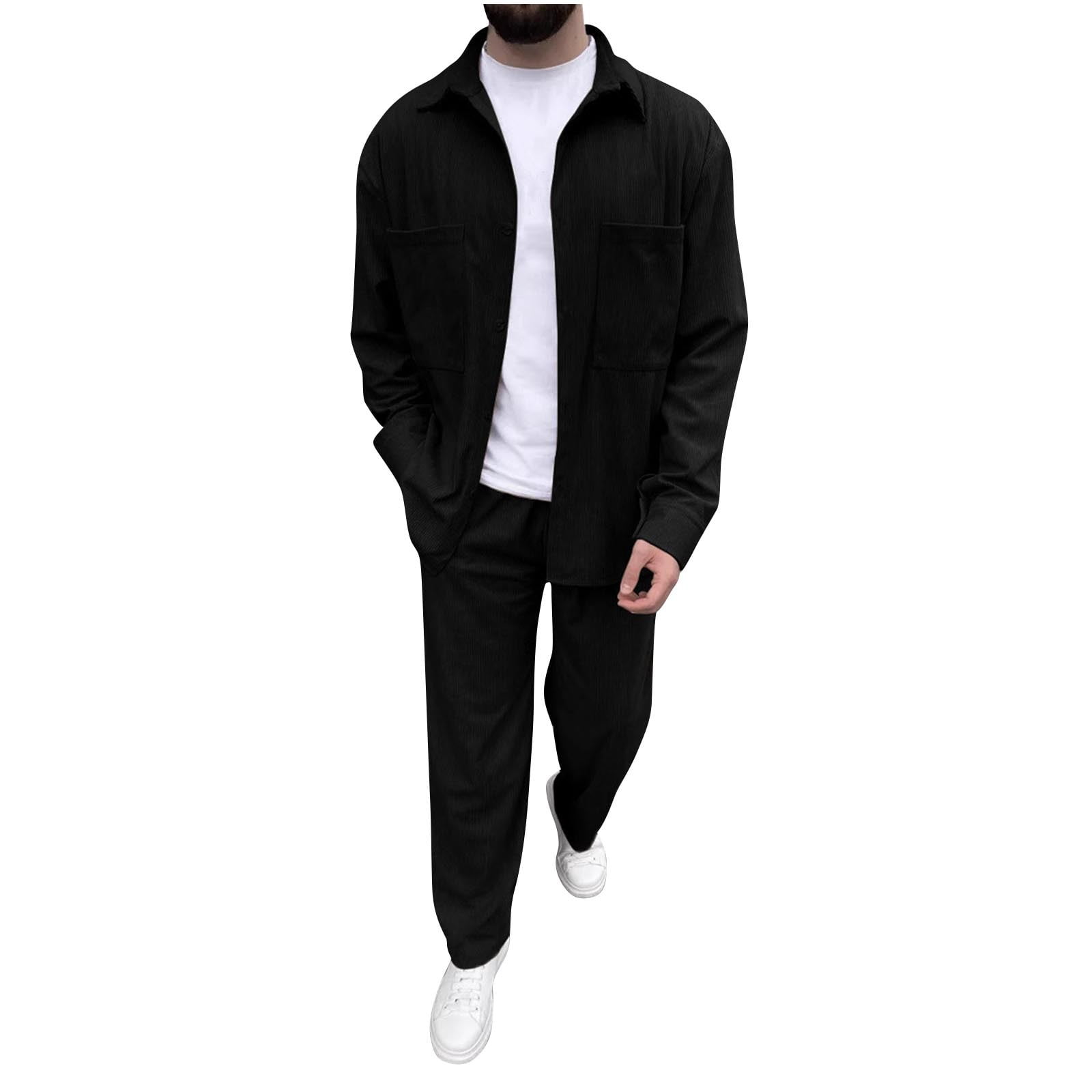 Aofany Mens Casual 2Pc Outfits Solid Color Lapel Neck Long Sleeve ...