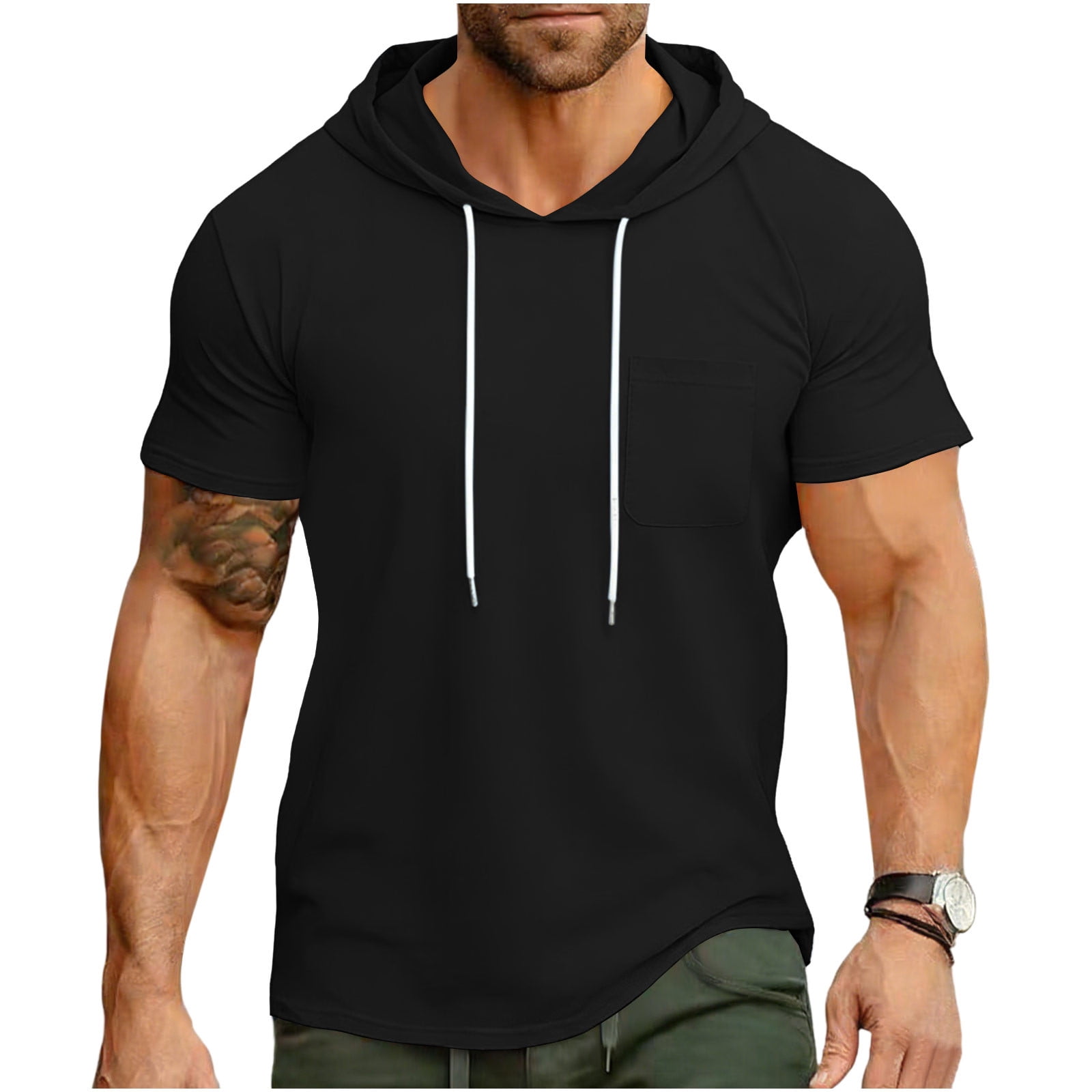 Aofany Mens Short Sleeve Hoodies Tops Solid Hooded T Shirt Gym Workout ...
