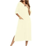 Aofany Nightgowns for Women Long Sleeve Split Midi Dress Sleepshirts ...