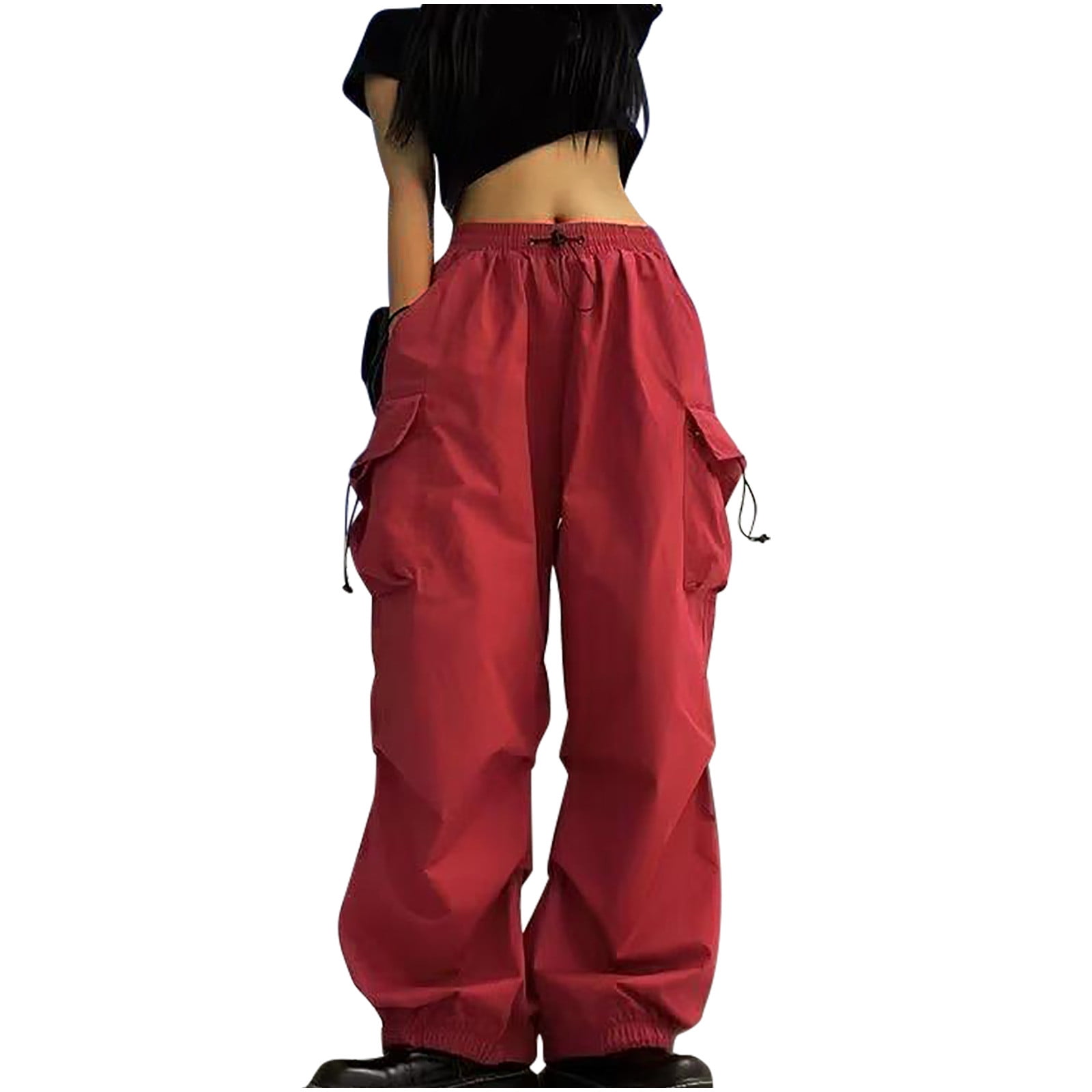 Aofany Parachute Pants for Women Y2K Baggy Cargo Pants Multi-Pockets Drawstring High Rise Pants ...