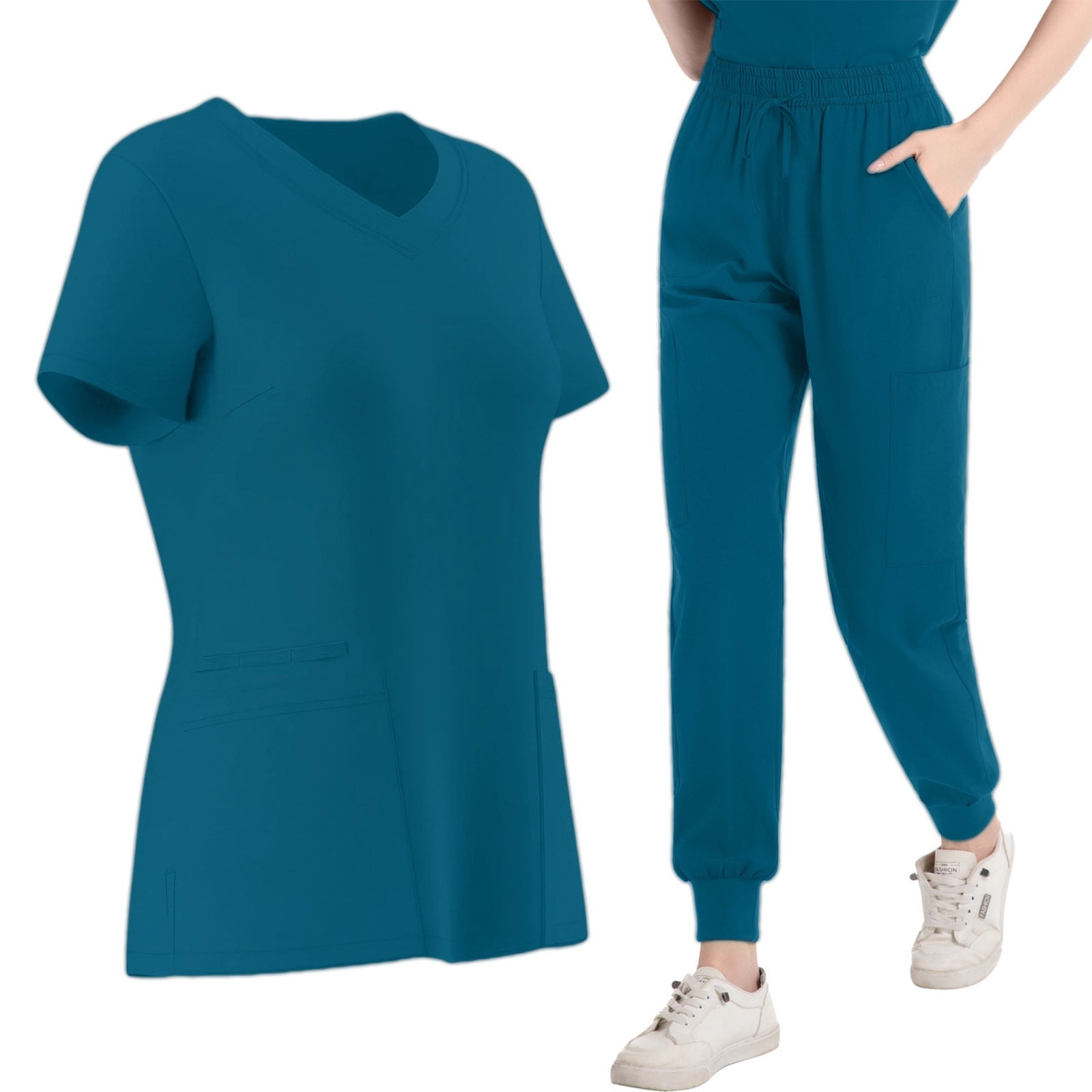 Aofany Scrub Set Uniform for Women Modern V-neck Top Tapered Leg Jogger Pants Multiple Pockets ...