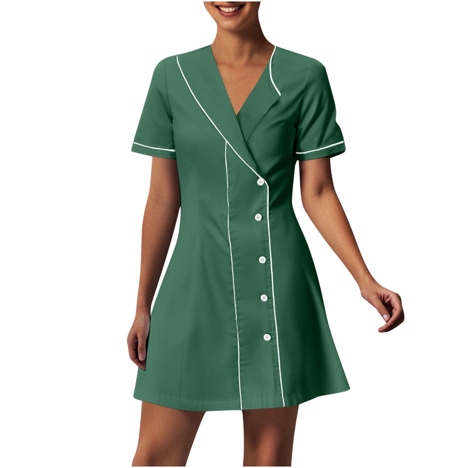 Aofany Scrubs Dress for Women Short Sleeve Nurse Working Uniform Lapel ...