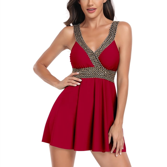 Aofany Two Piece Swim Dress Swimsuit for Women Ruched Tankini Set V ...