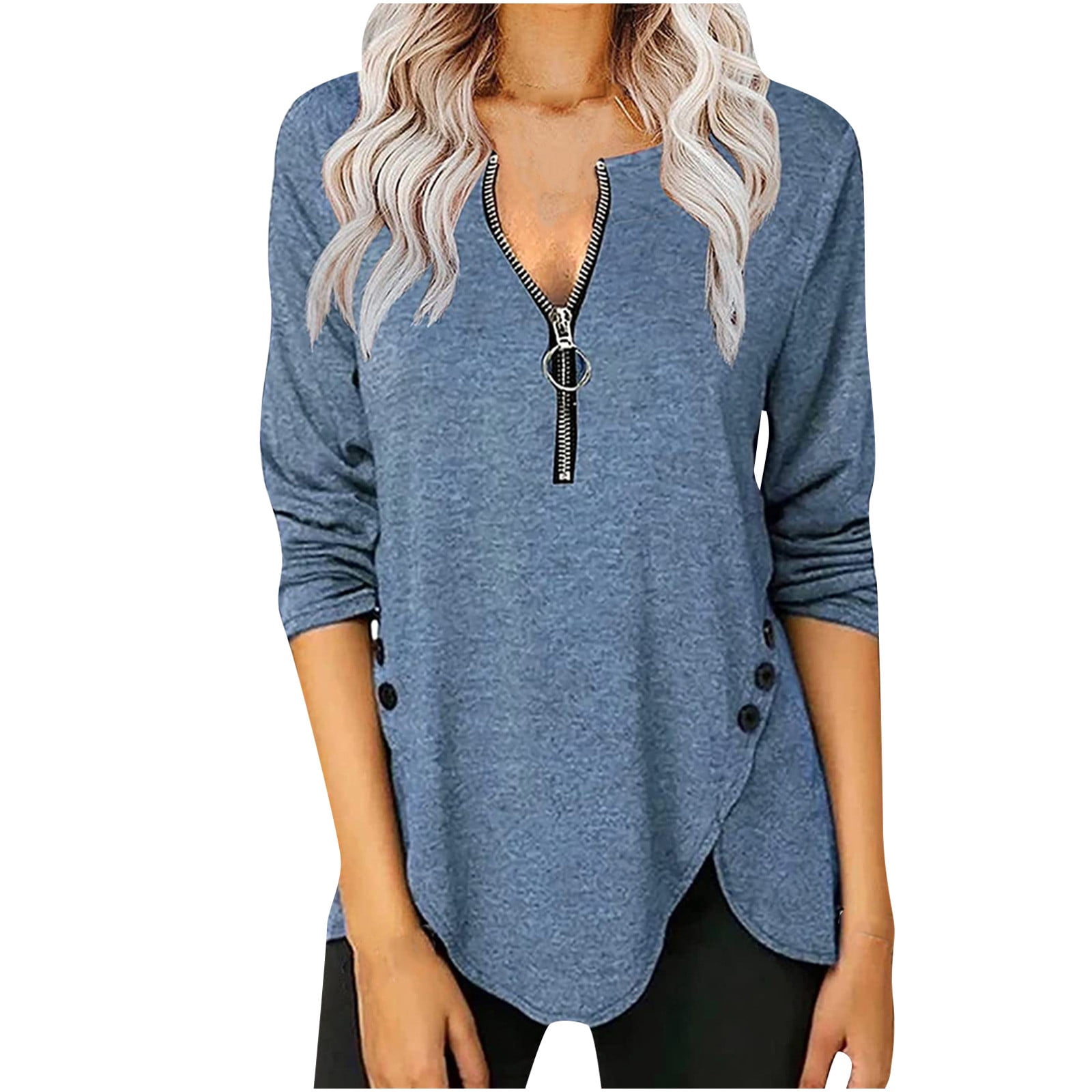 Aofany Women Blouse Loose Shirts Solid Color Buttons Zipper V-Neck ...