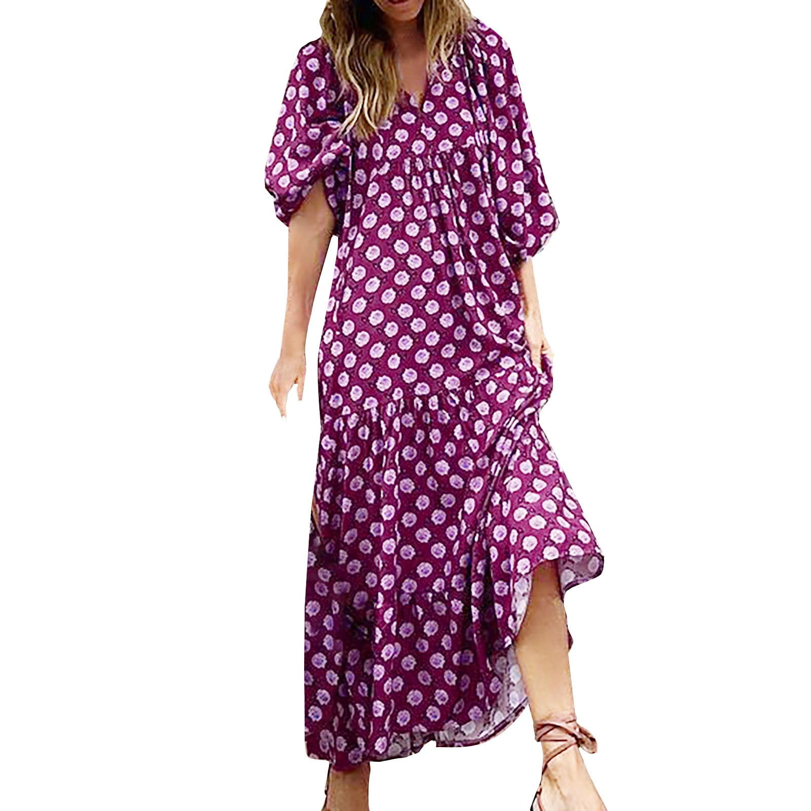 Aofany Women Boho Floral Puff Sleeve Tiered Maxi Dress Casual Layered ...