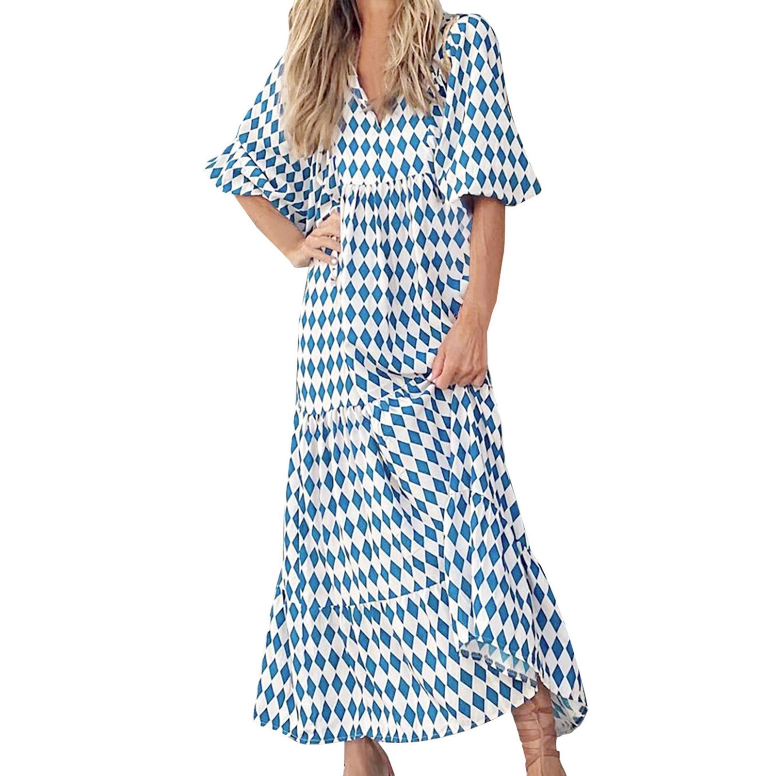 Aofany Women Boho Floral Puff Sleeve Tiered Maxi Dress Casual Layered ...