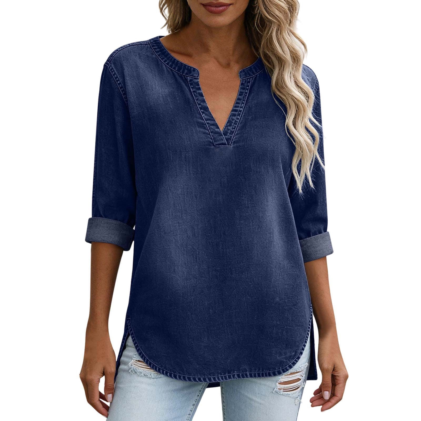 Aofany Women Denim Blouses Loose Casual 3/4 Sleeve Tunic Shirts Fashion ...