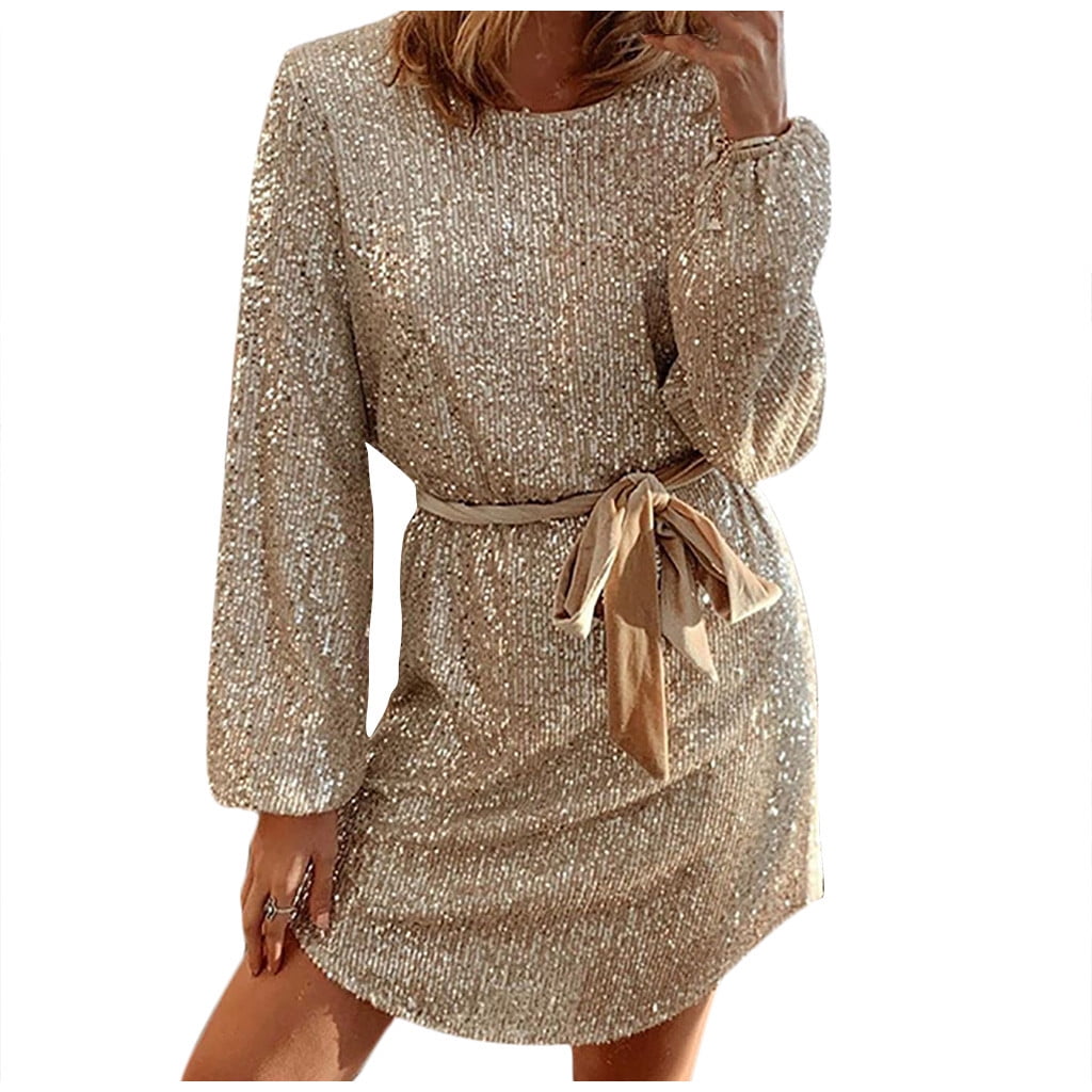 Aofany Women Dresses Casual Maxi Dress Round Neck Long Sleeve Sequined ...