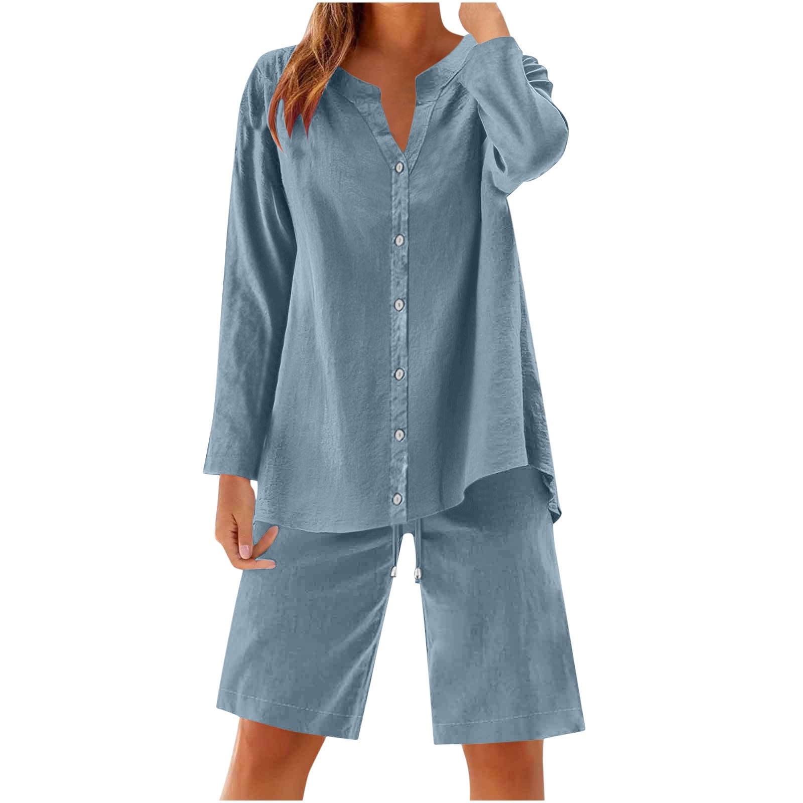 Aofany Women Summer Cotton Linen Short Sets 2 Piece Lounge Shorts ...