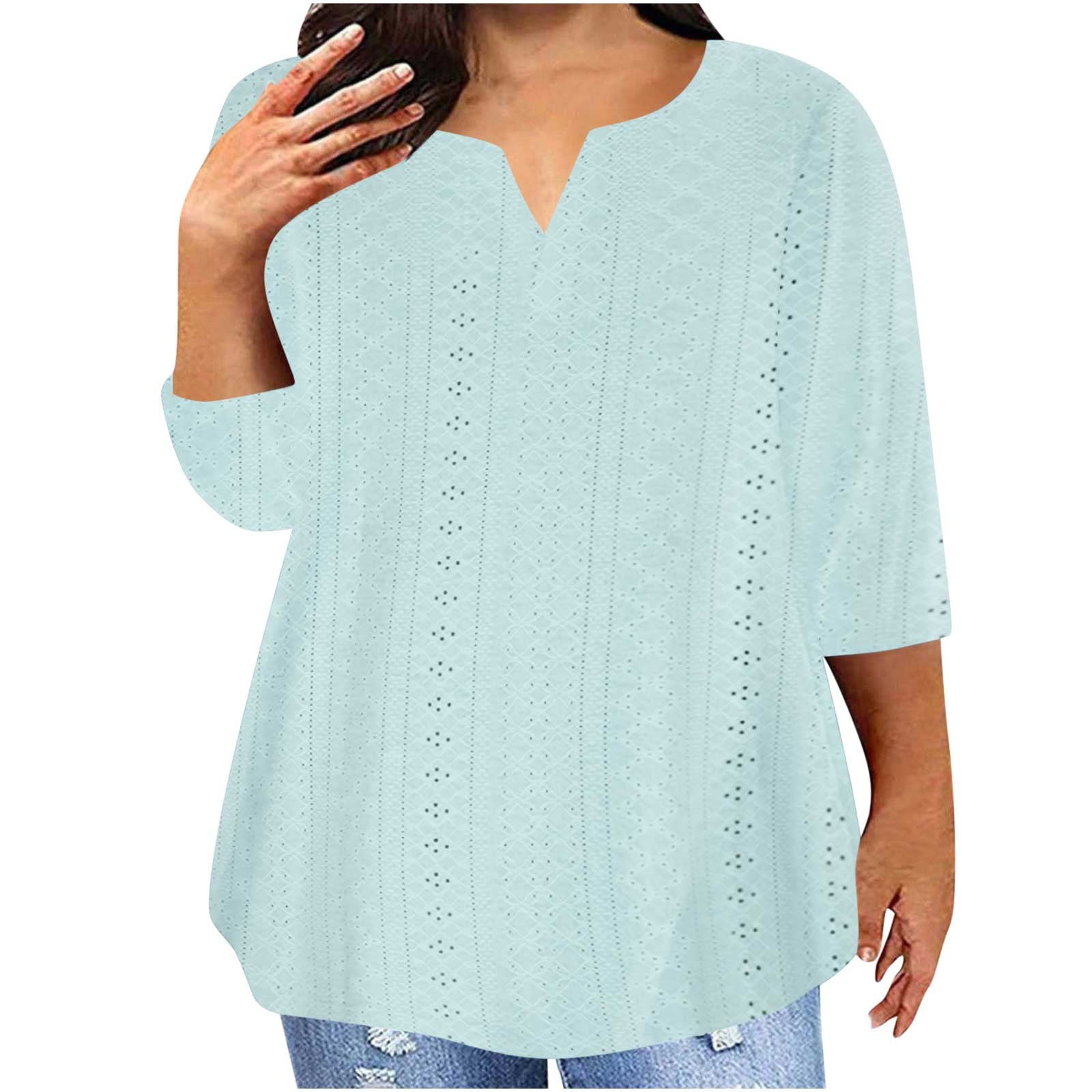 Aofany Women's Casual Plus Size T-shirt 3/4 Sleeves Blouse V- Neck ...