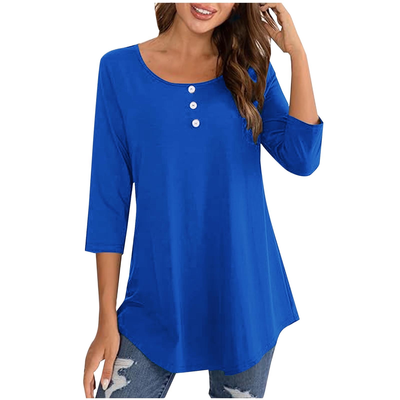 Aofany Womens Plus Size 3 4 Sleeve Casual Tunic Tops Solid Color