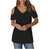 Aofany Women's Shirts Cold Shoulder Tops Summer Short Sleeve V Neck T ...