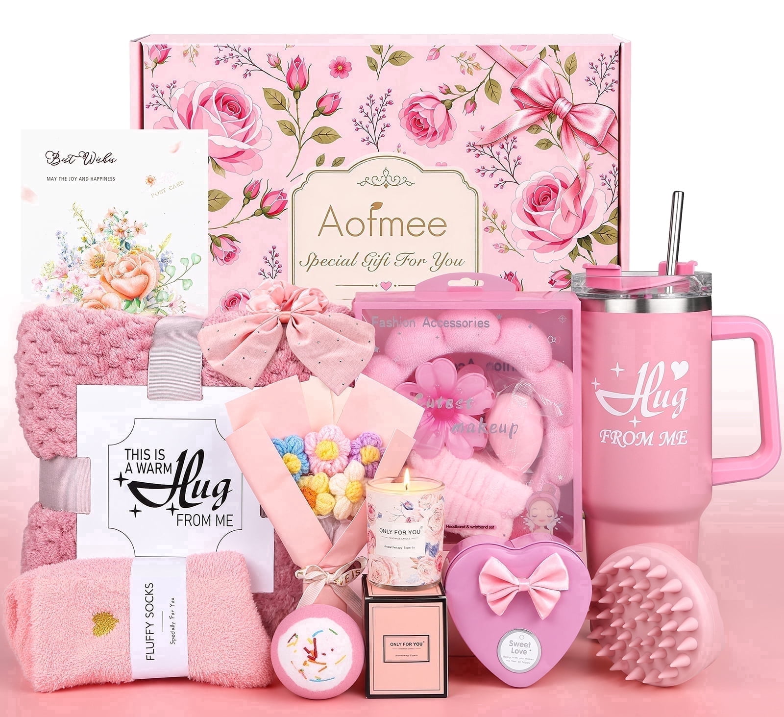 Aofmee 15Pcs Gift Baskets for Women, Pink Gift Set with Luxury Flannel ...