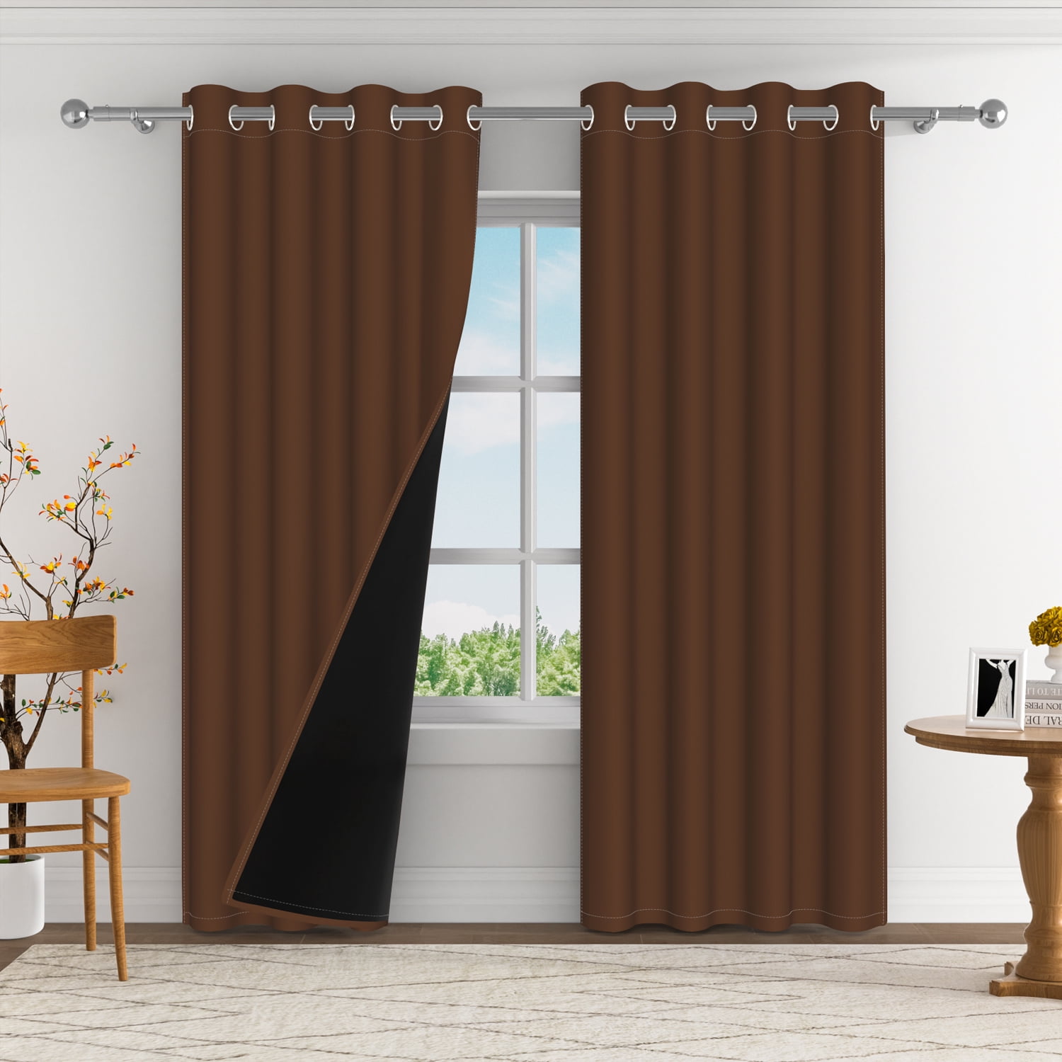 Aofoto 2 Piece Window Curtain Panel Set, Brown Solid Color Blackout ...