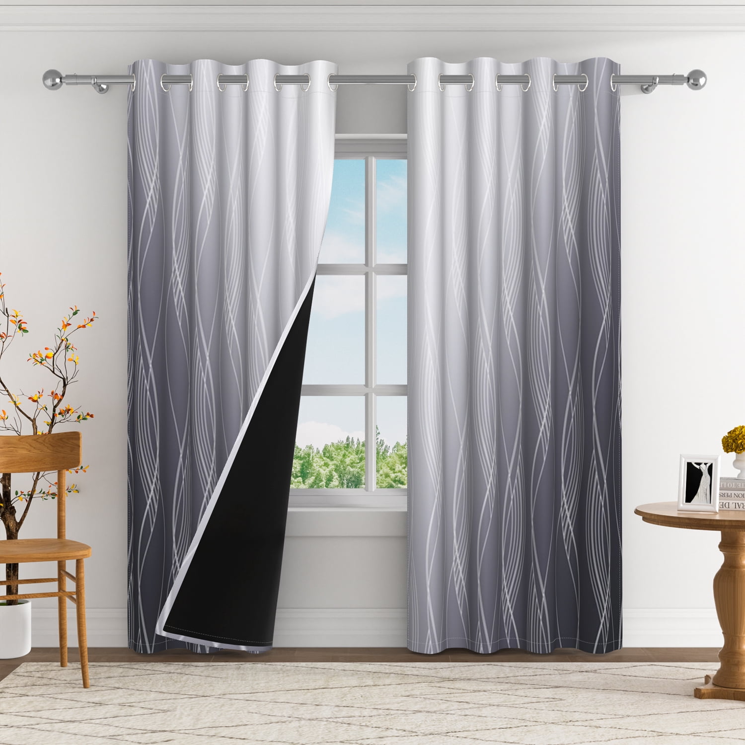 Aofoto Blackout Curtains Long Wave Line Embossed Grommet Room Darkening ...