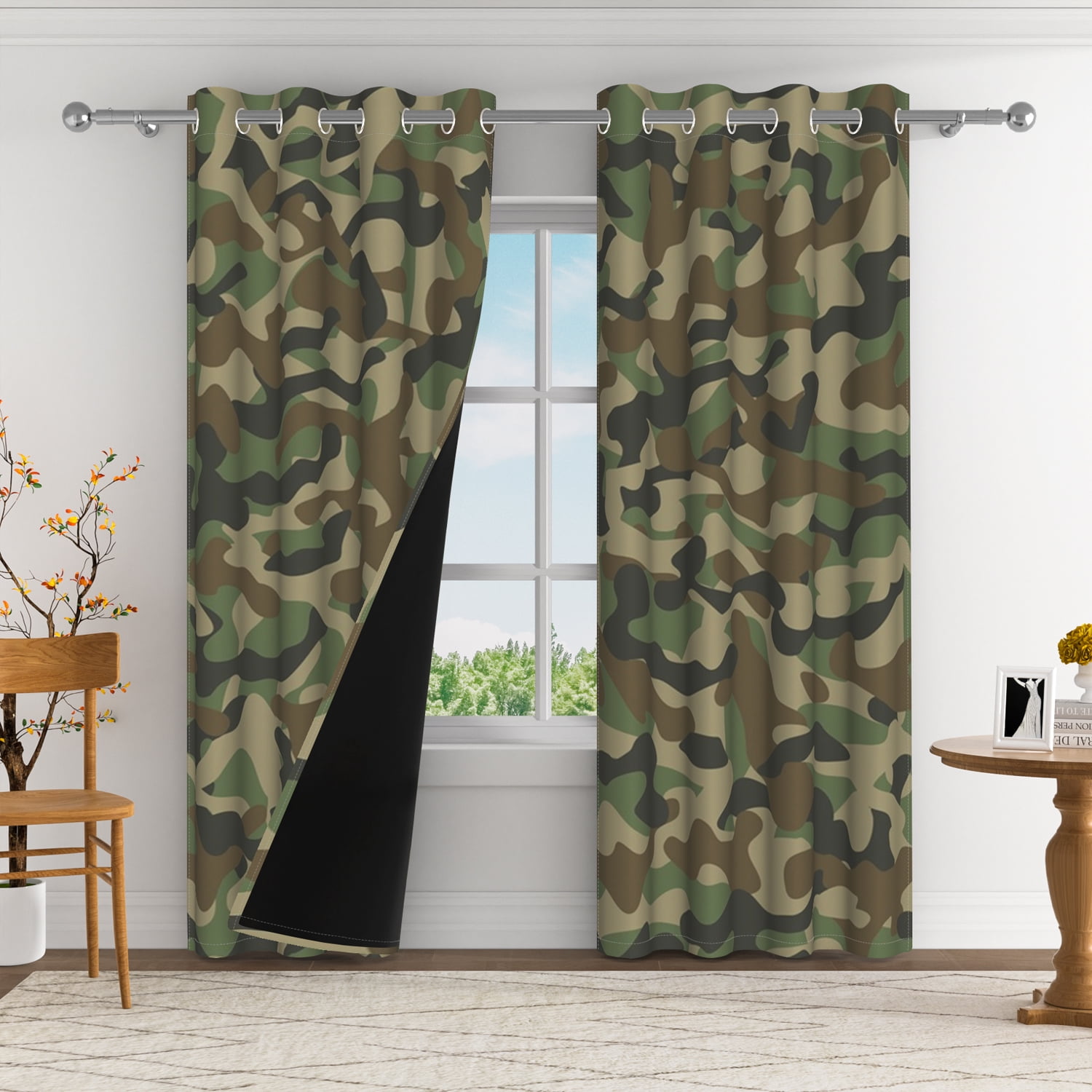 Aofoto Camo Dark Green Curtains, Army Camouflage Pattern Drapes Window ...