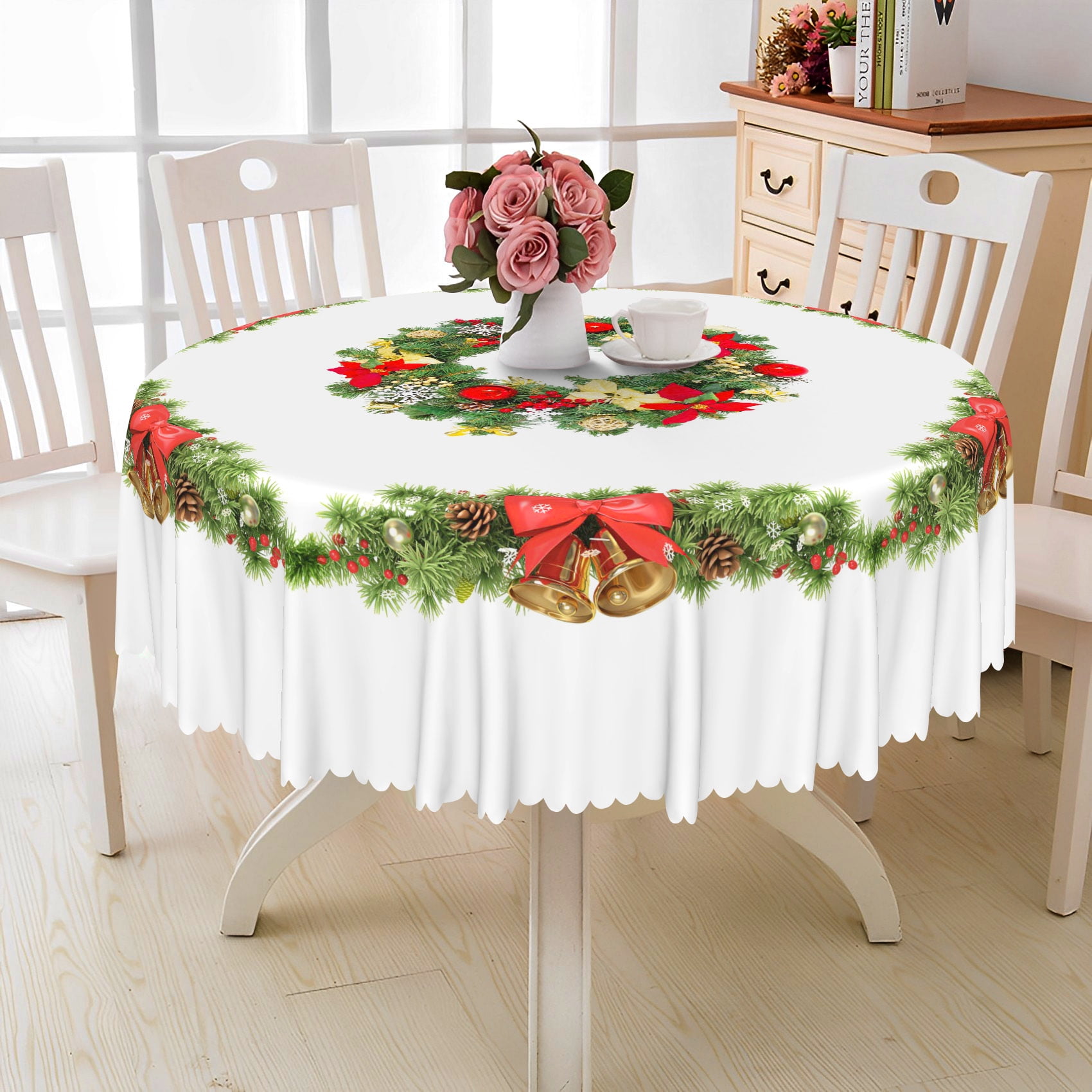 Aofoto Christmas Round Tablecloth 70 Inch, Wrinkle Resistant Table ...