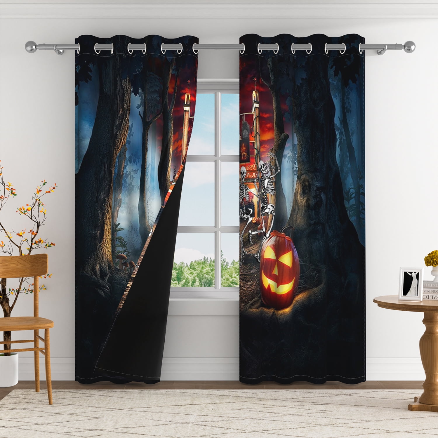 Aofoto Gothic Skeleton Curtains, Halloween Human Skull Pumpkin Lantern ...