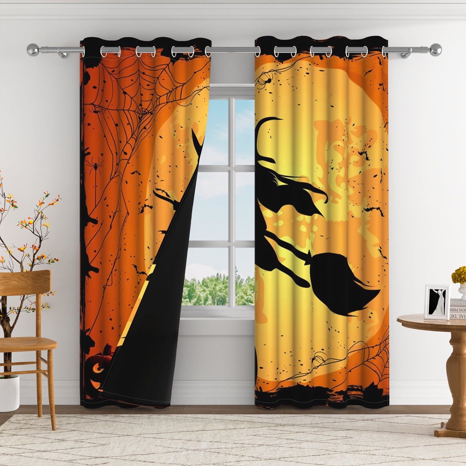 Aofoto Halloween Curtain, Spooky Pumpkins and Witches Thermal Insulated ...