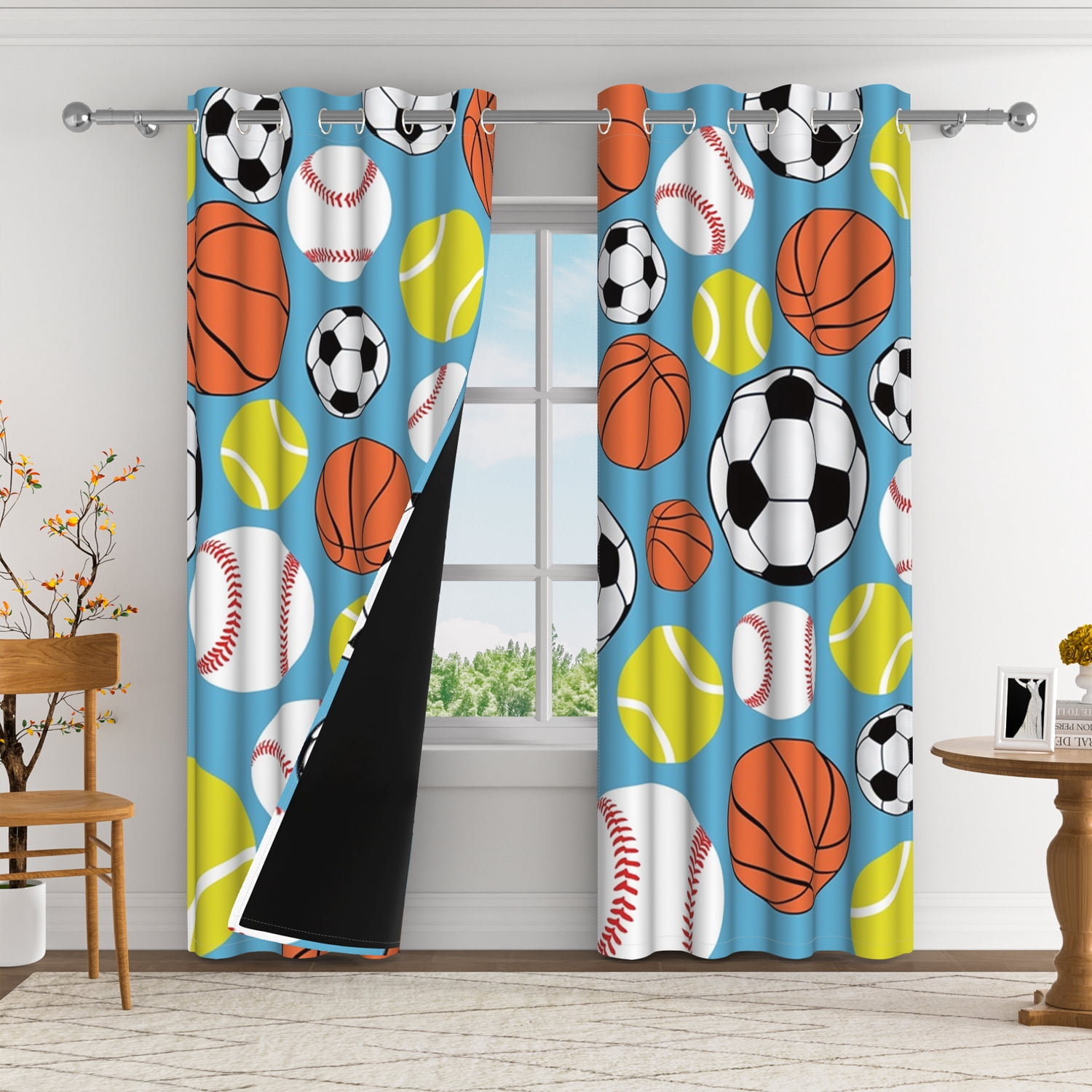 Aofoto Sports Curtains for Boys Bedroom, 2Piece Blue Blackout Curtain ...