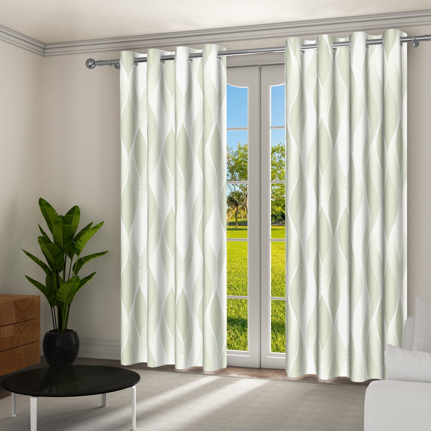 Aofoto White Green Striped Wavy Line Curtain for Bedroom, Thermal ...