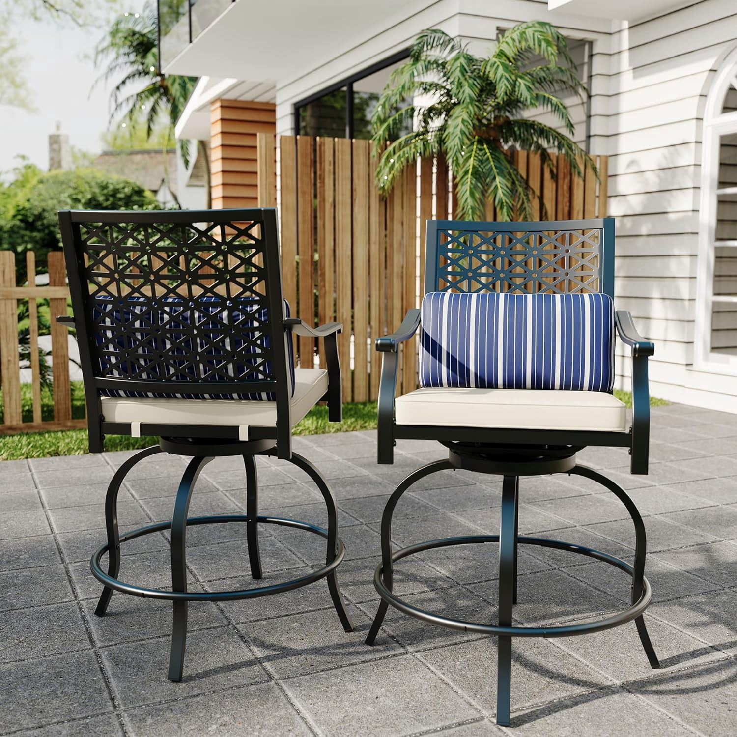 Aoile 2-Piece Outdoor Swivel Bar Stools with Armrests & Red Cushions ...