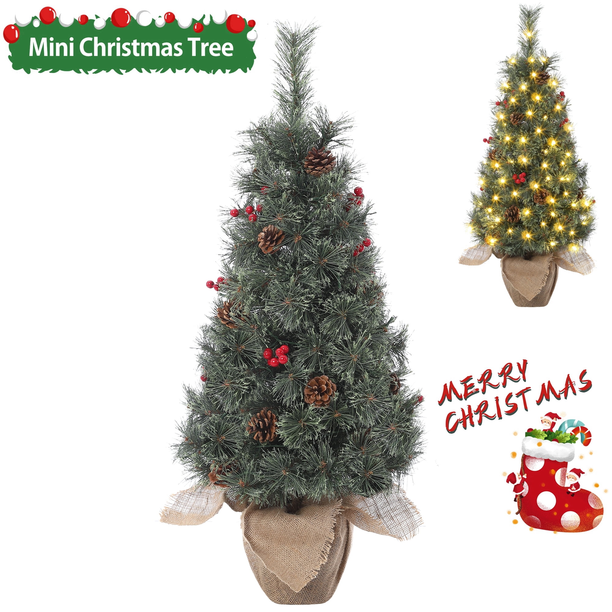 Aoile 3FT Pre-Lit Holiday Christmas Tree in Burlap Base, Desktop ...