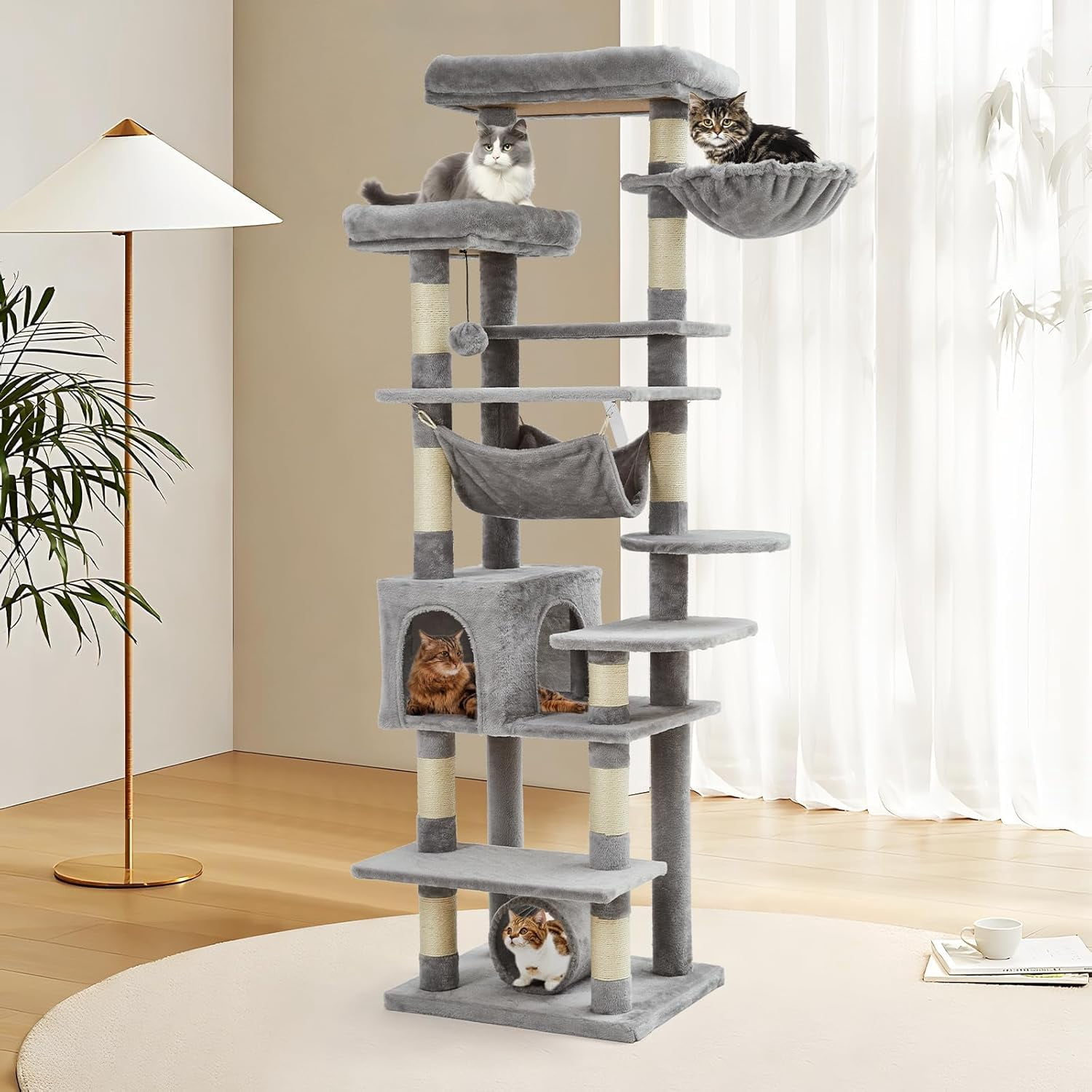Aoile 67-Inch Cat Tree for Large Cats, Multi-Level Tower with Hammock ...