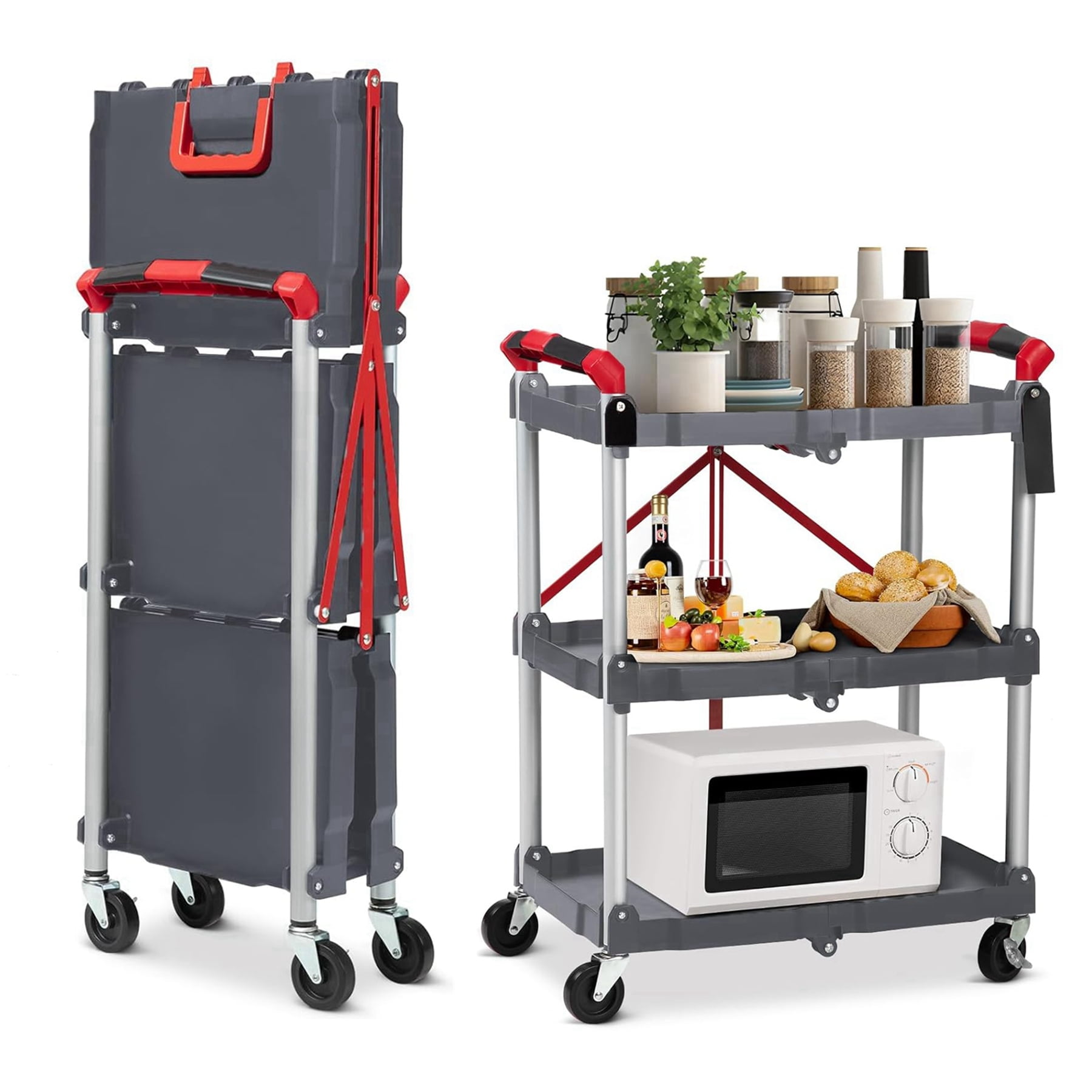 Aoile Foldable Utility Cart with Lockable Wheels, 3-Tier Portable ...