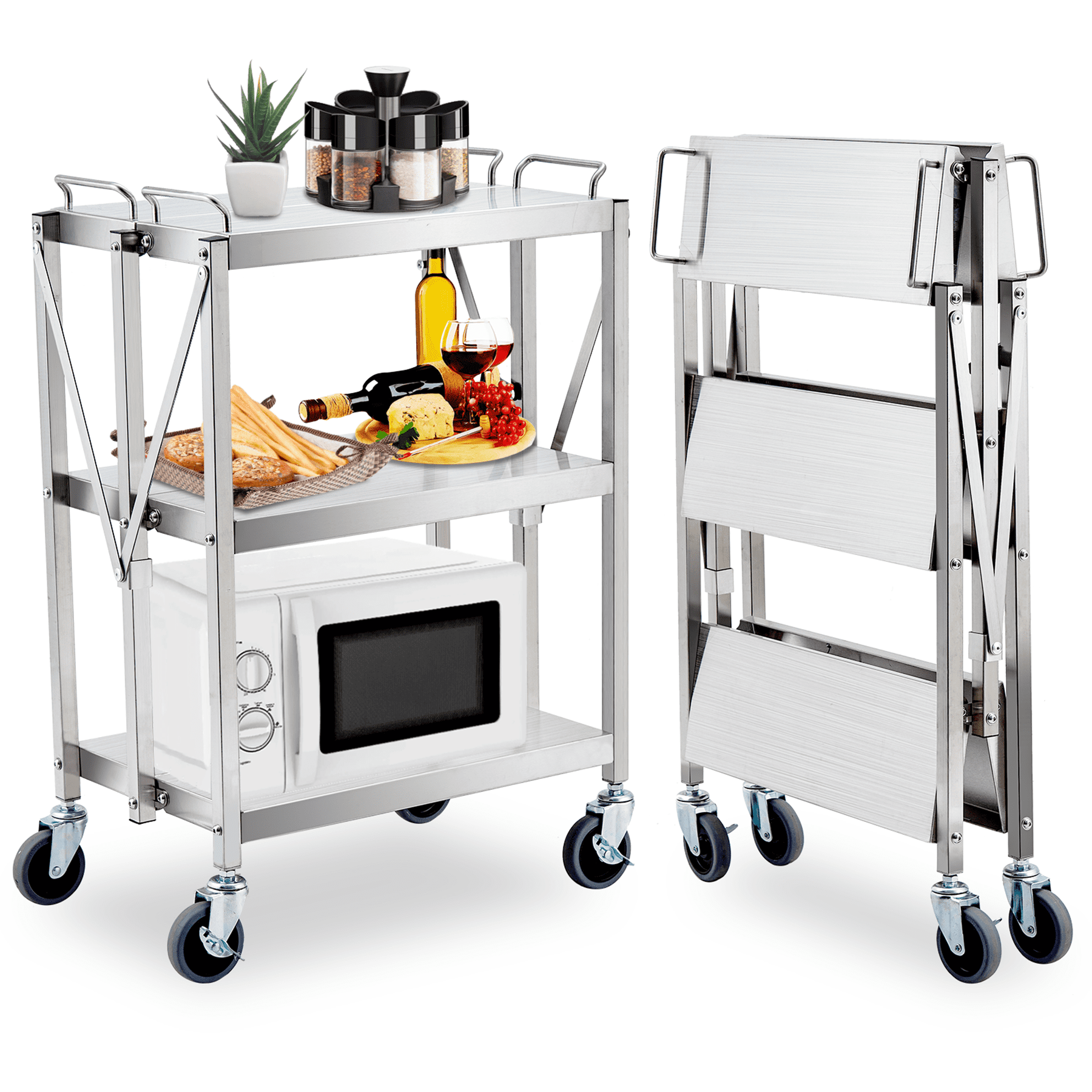 Aoile Folding Utility Cart with Lockable Wheels, 3-Tier Portable ...