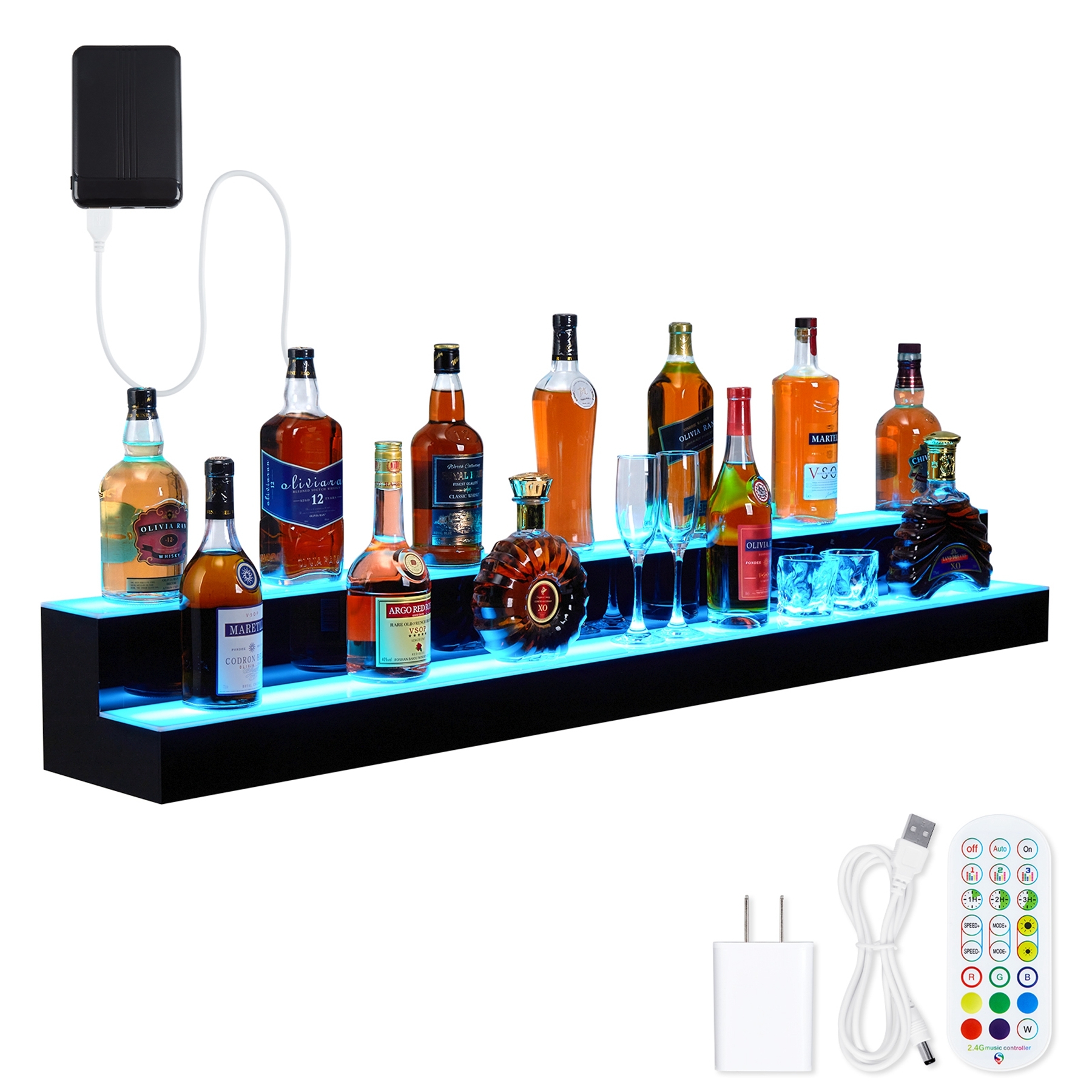 Aoile Lighted Liquor Bottle Display Shelf, 2-Step Acrylic LED Bar Shelf ...