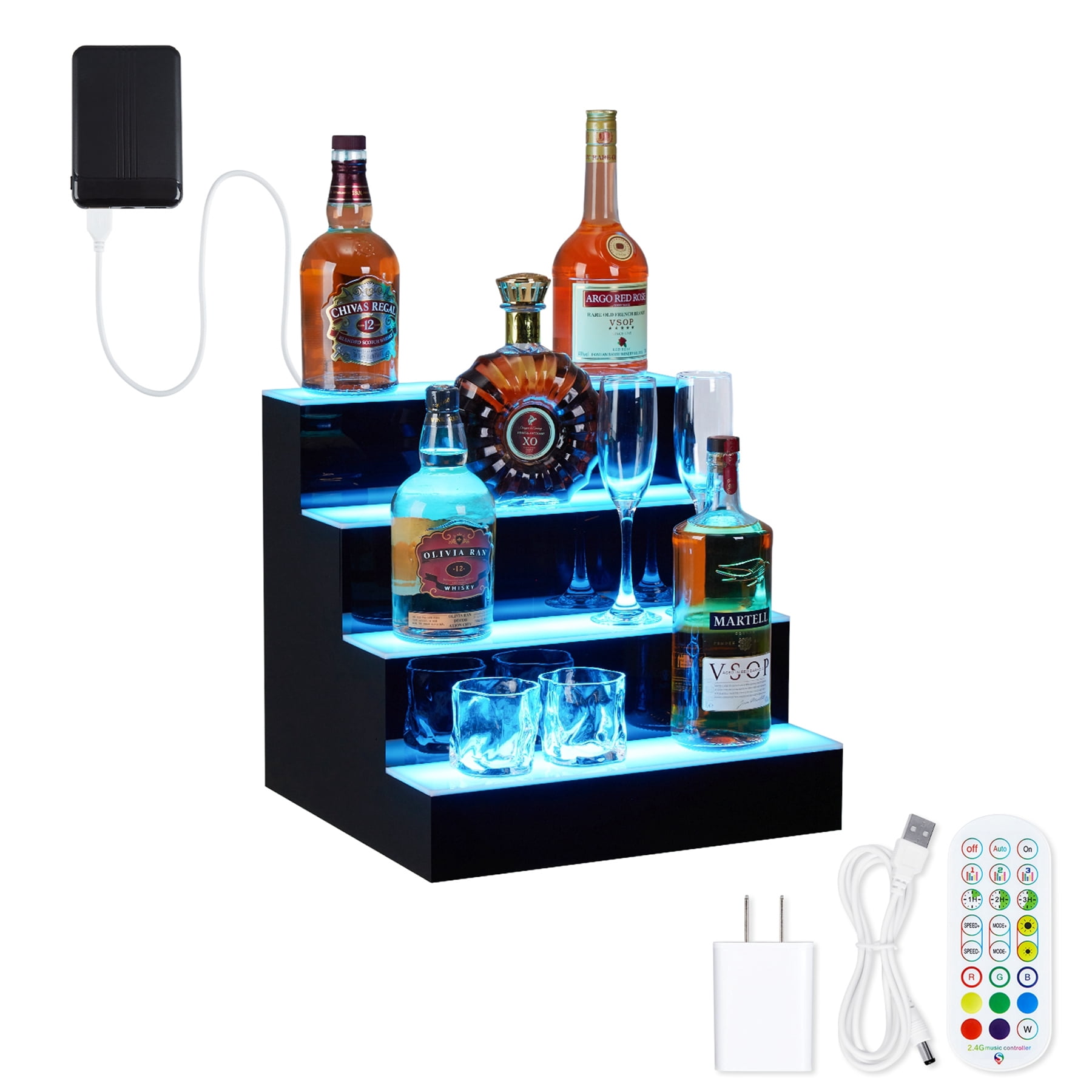 Aoile Lighted Liquor Bottle Display Shelf, 4-Step Acrylic LED Bar Shelf ...