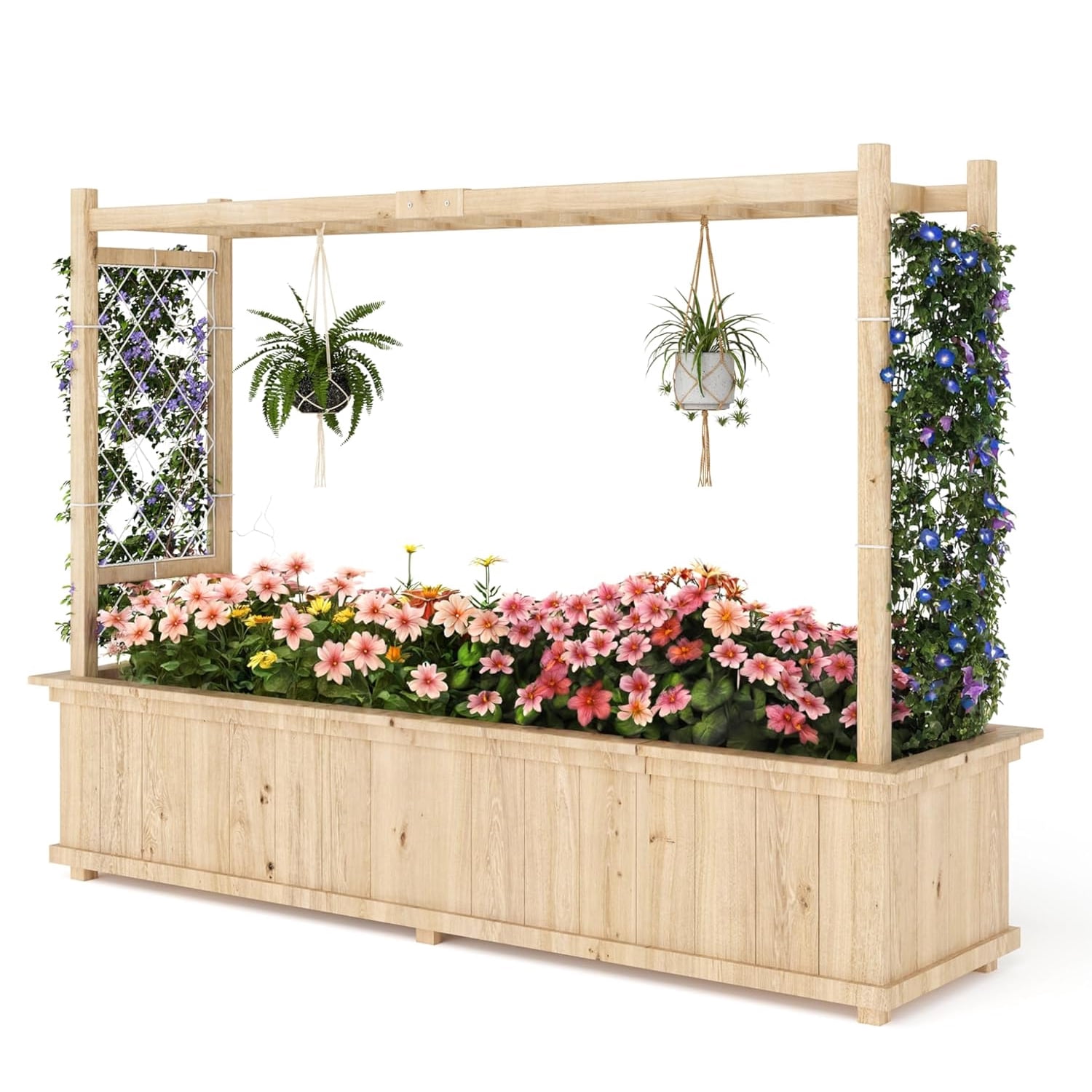 Aoile Planter Box with Trellis, 66.14"x18.7"x47.24" Wood Raised Garden ...