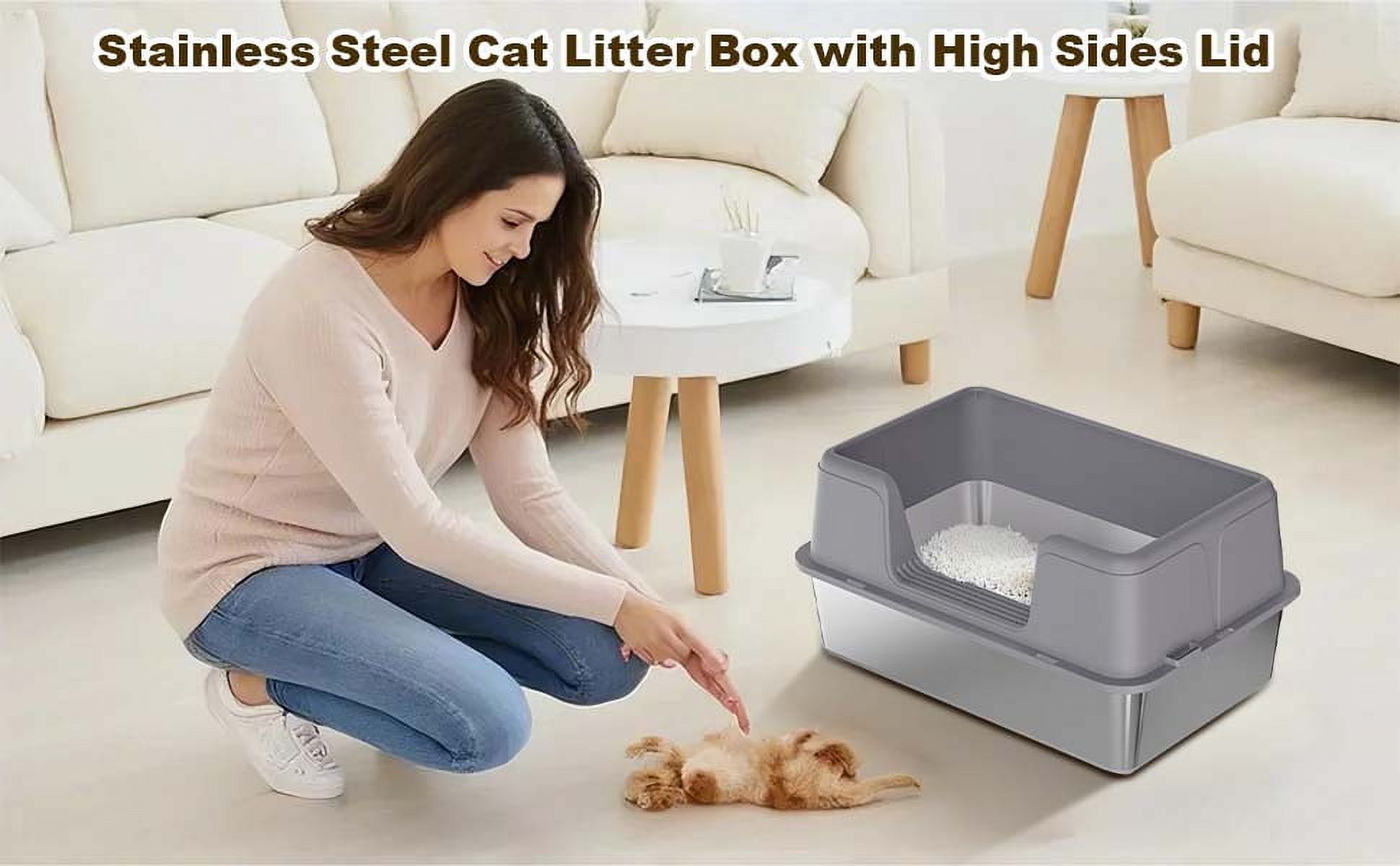 Aoile Stainless Steel Cat Litter Box with Lid, High Sided Tray with ...