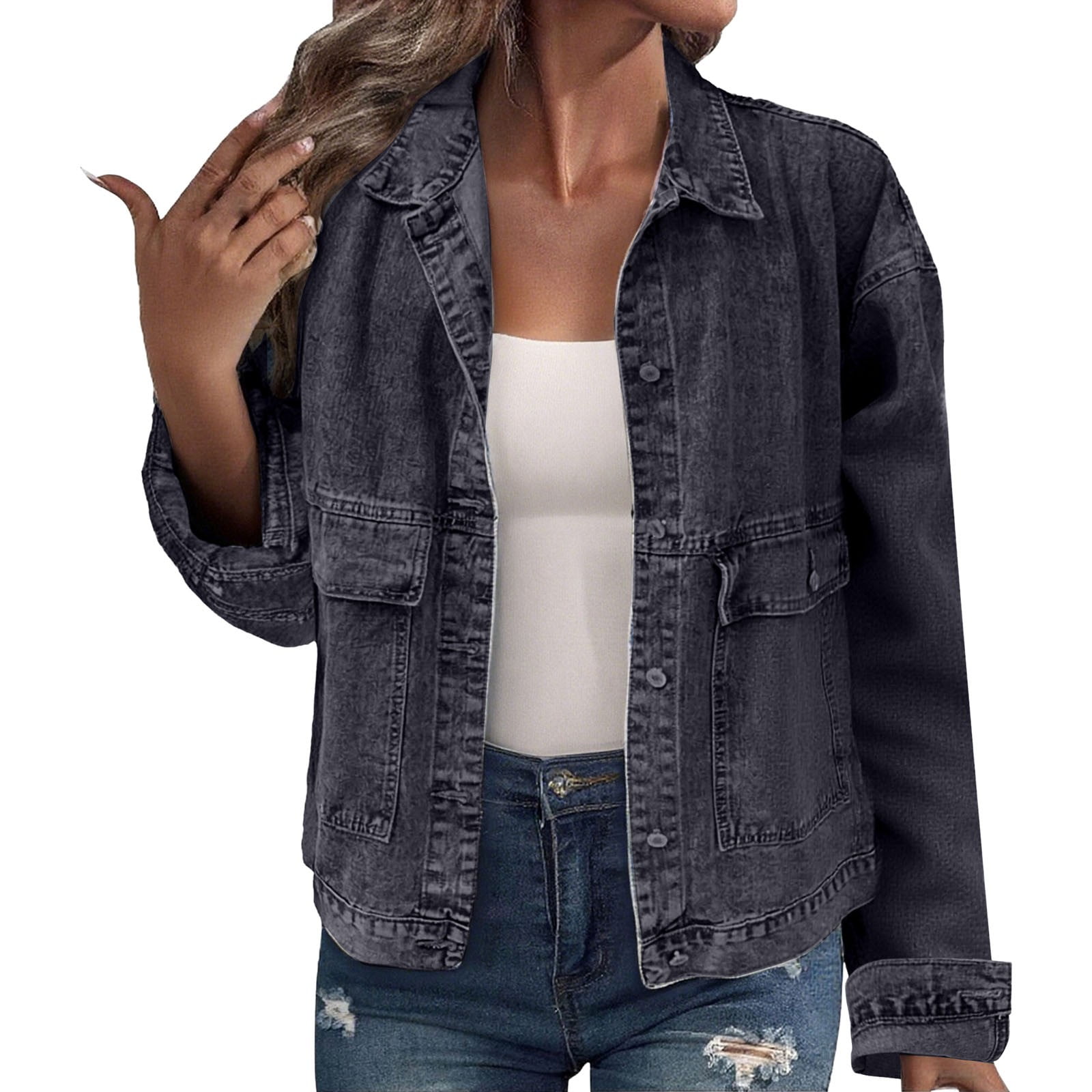 Aoiroe Plain Sweatshirt Denim Jacket Jean Jacket Plus Size Women Fall ...