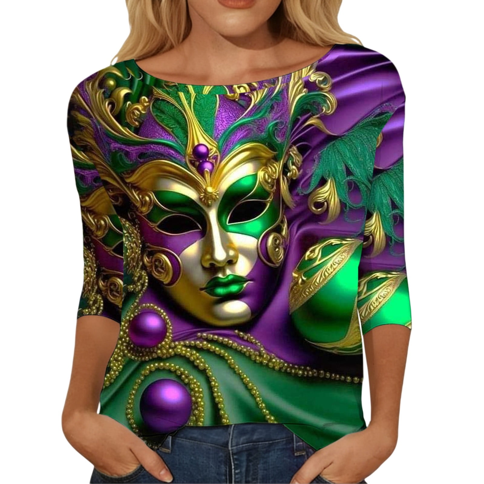 Aoiroe T Shirts for Women,Mardi Gras Outfit Boho Graphic Loose Tees ...
