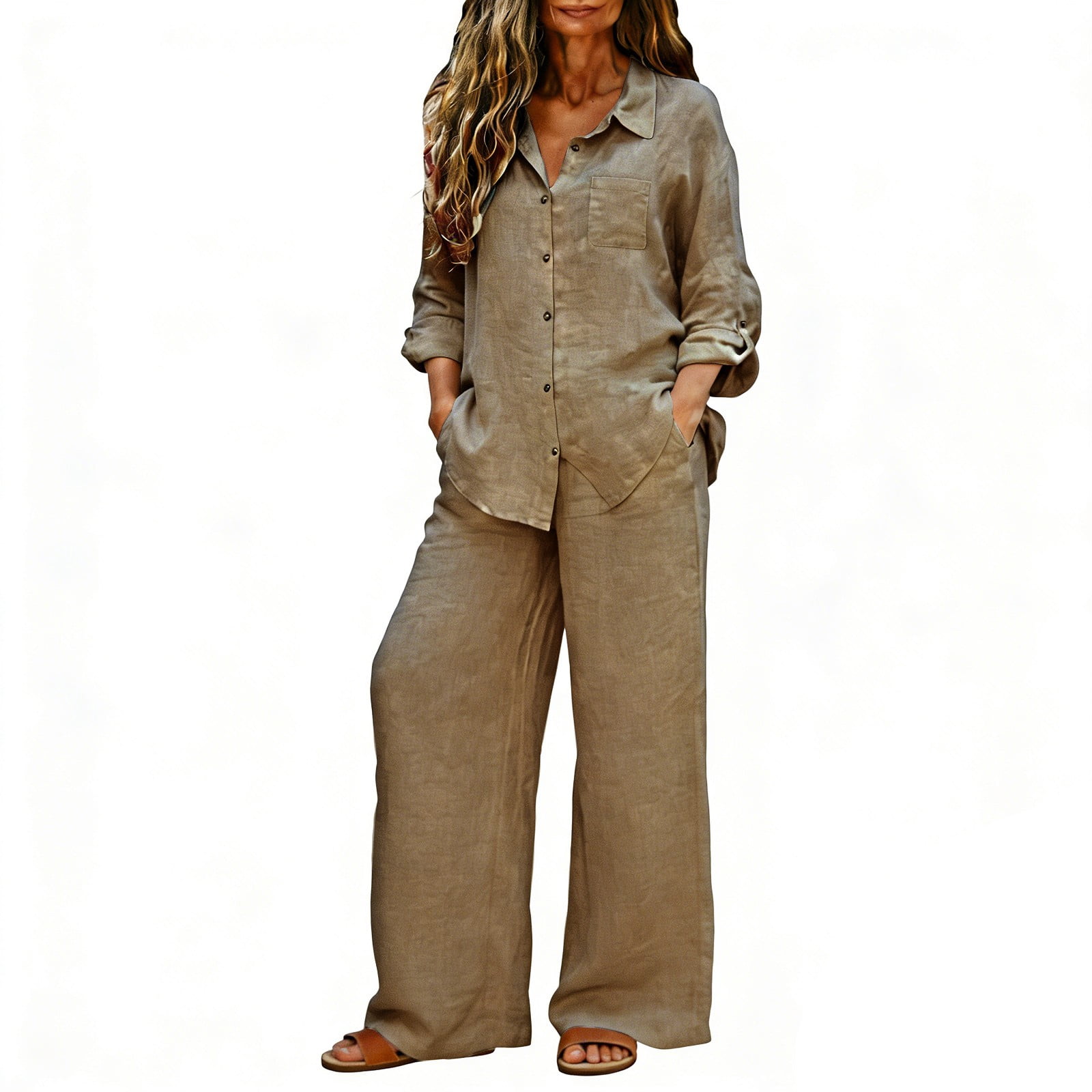 Aoiroe Women's 2 Piece Linen Sets Summer Two Piece Outfits 3/4 Sleeve ...