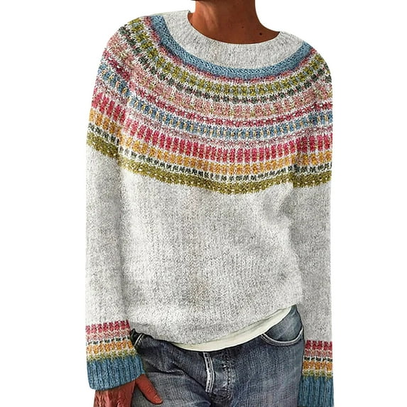 Aoiroe Women's Fair Isle Sweater,Loose Crewneck Knit Pullover Sweater ...