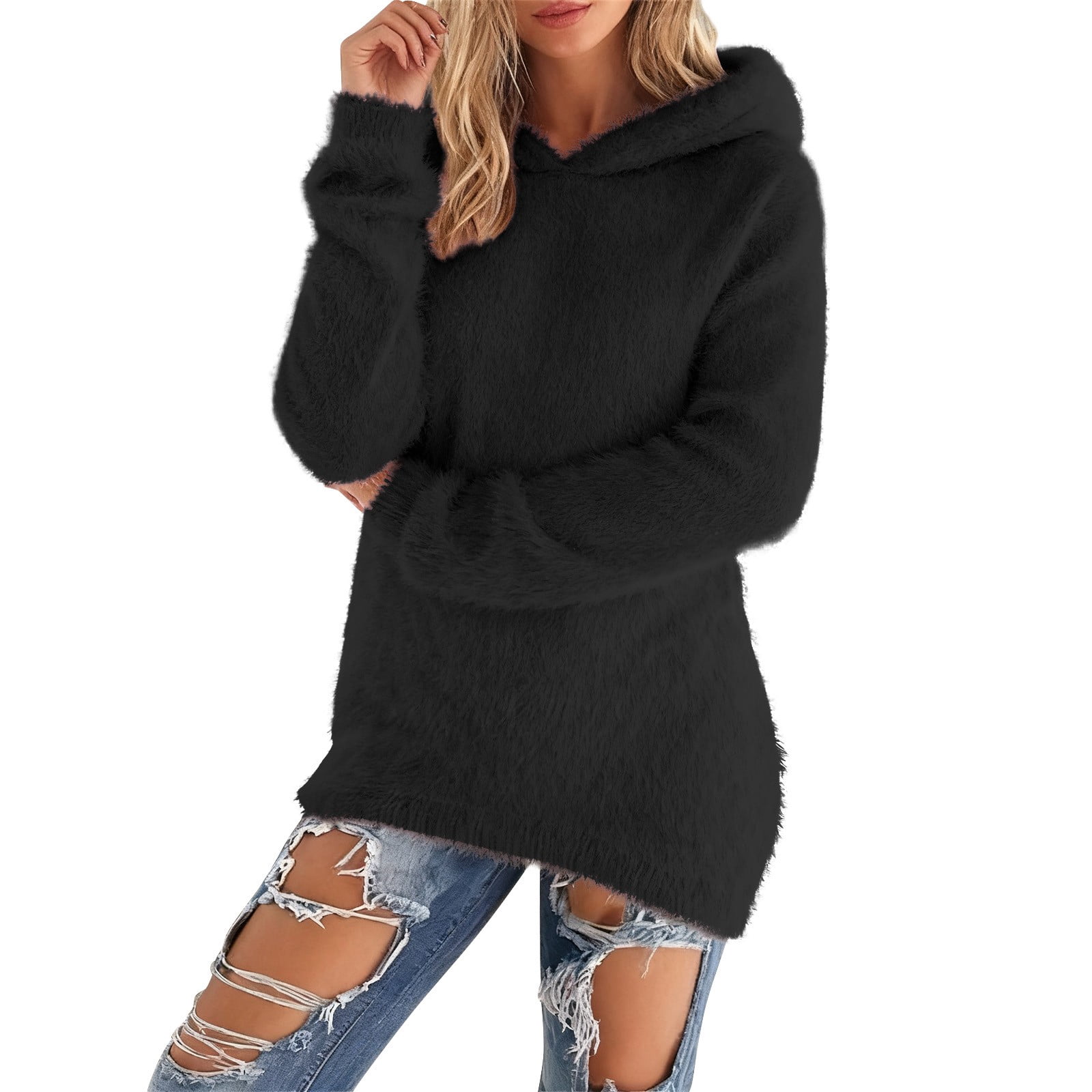 Aoiroe Women's Fashionable Long Sleeve Pullovers Loose Fluffy Fuzzy ...
