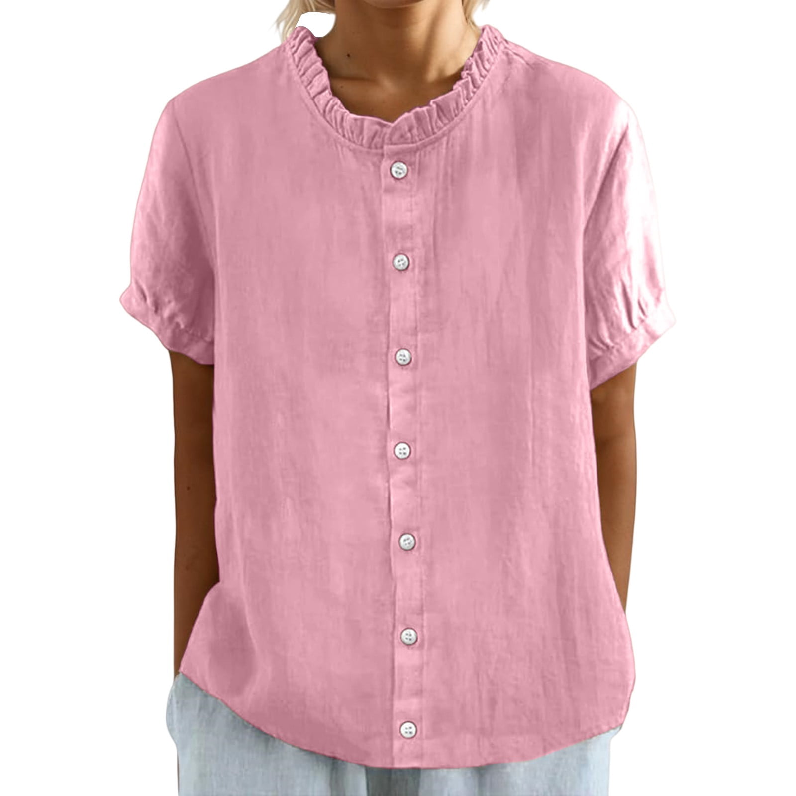 Aoiroe Women's Henley Short Sleeve Tops Business Work Blouses Loose Fit ...