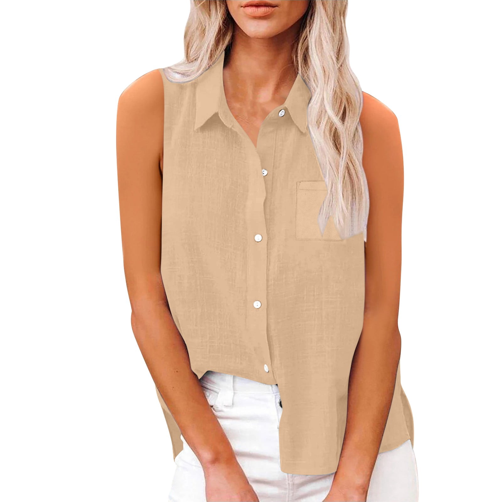 Aoiroe Womens Sleeveless Button Down Cotton Linen Shirt,Casual Tunic ...