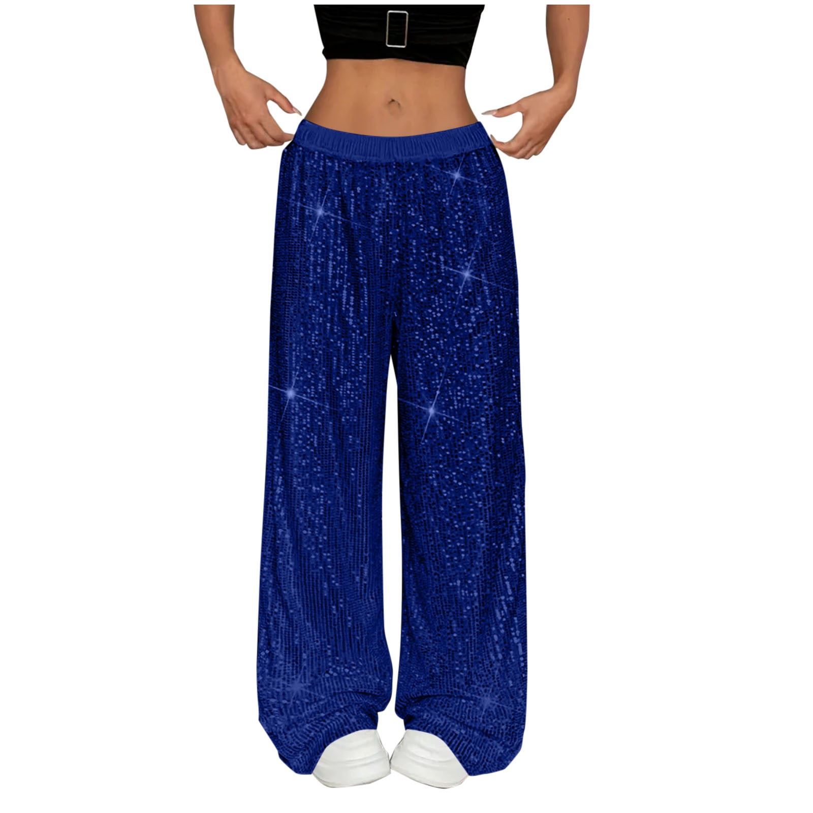 Aoiroe Womens Wide Leg Sparkle Sequin Pants Elastic High Waisted Bling ...