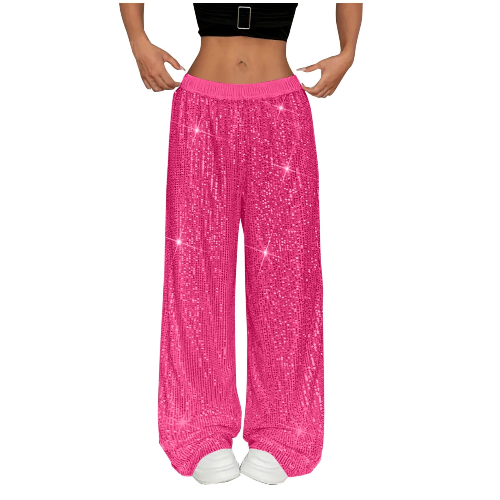 Aoiroe Womens Wide Leg Sparkle Sequin Pants Elastic High Waisted Bling ...