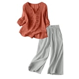 Aoiroe Womens linen 2 Piece Outfits 3/4 Sleeve Button Down Shirt Wide ...
