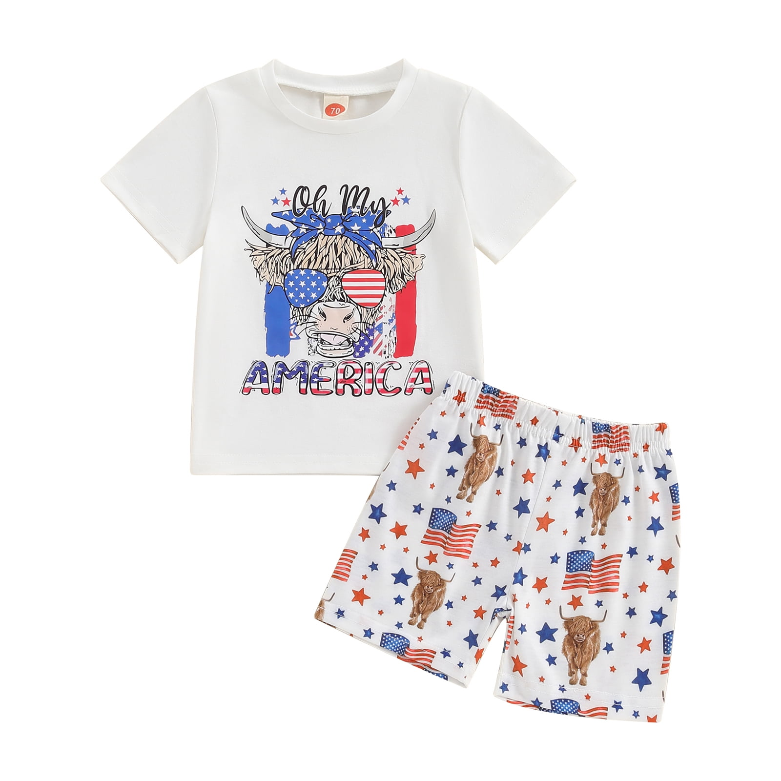 Aojekbee 4th of July Toddler Boys Outfits Letter Print Short Sleeve T-Shirts Tops and Cow Head ...