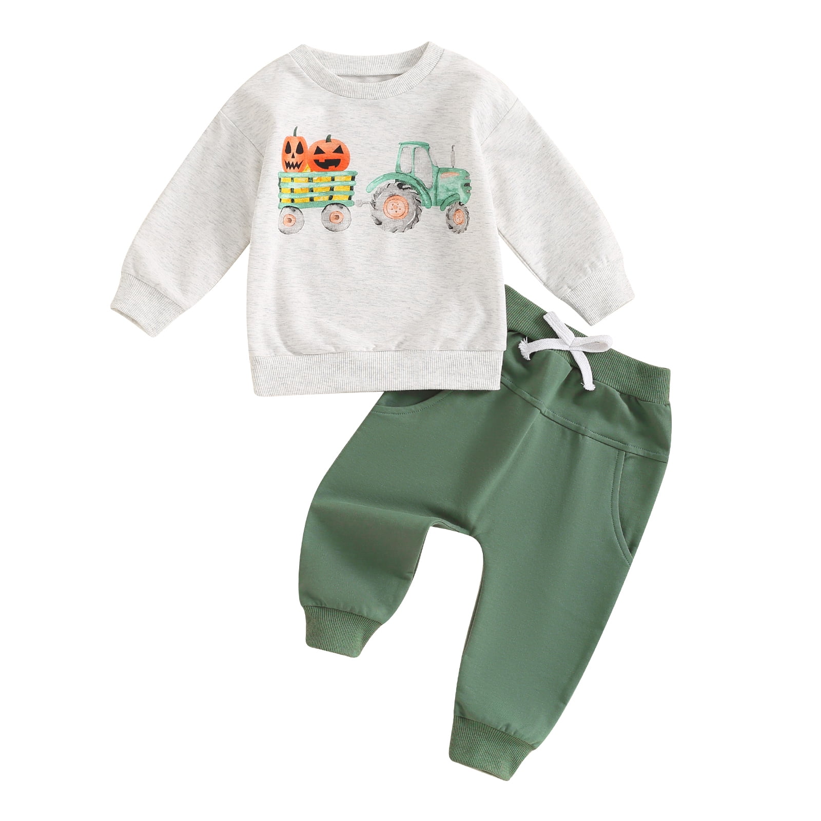 Aojekbee Baby Boy Halloween Outfits Long Sleeve Pumpkin Tractor Print Sweatshirt + Trousers Set ...